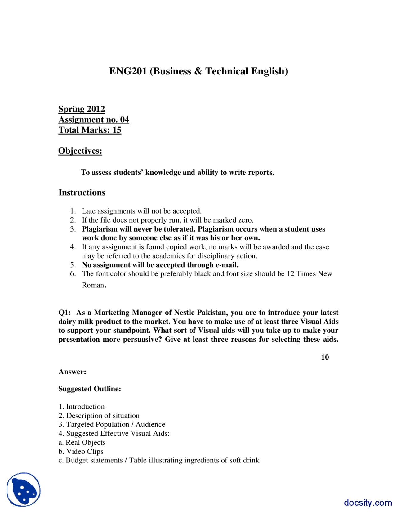 Visual Aids Business Communication And English Language Assignment