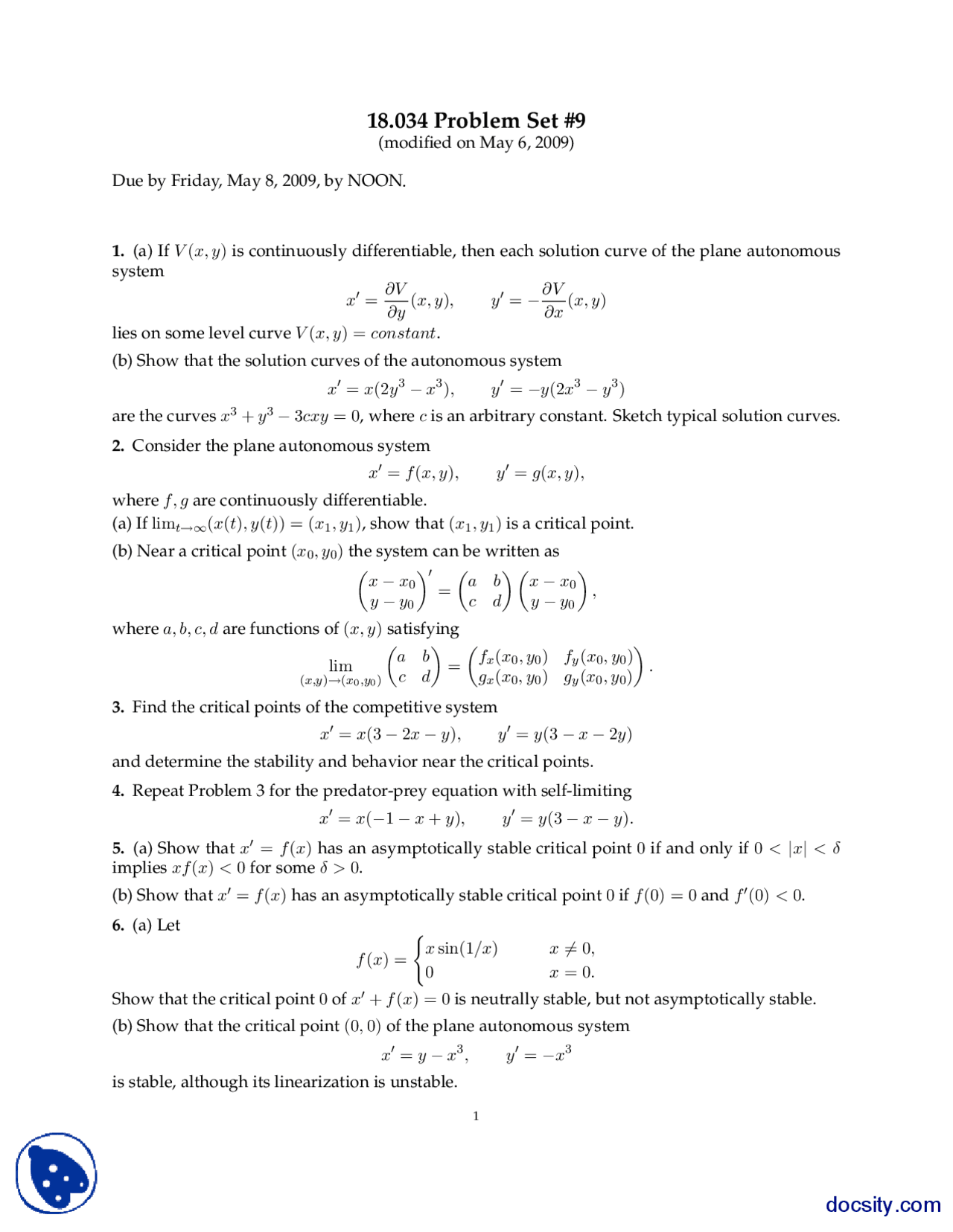 Plane Autonomous System Differential Equations Assignemnt And Solution Docsity