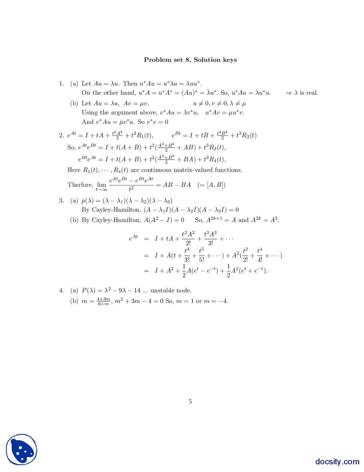 Cayley Hamilton Theorm-Differential Equations-Assignemnt and Solution - Docsity