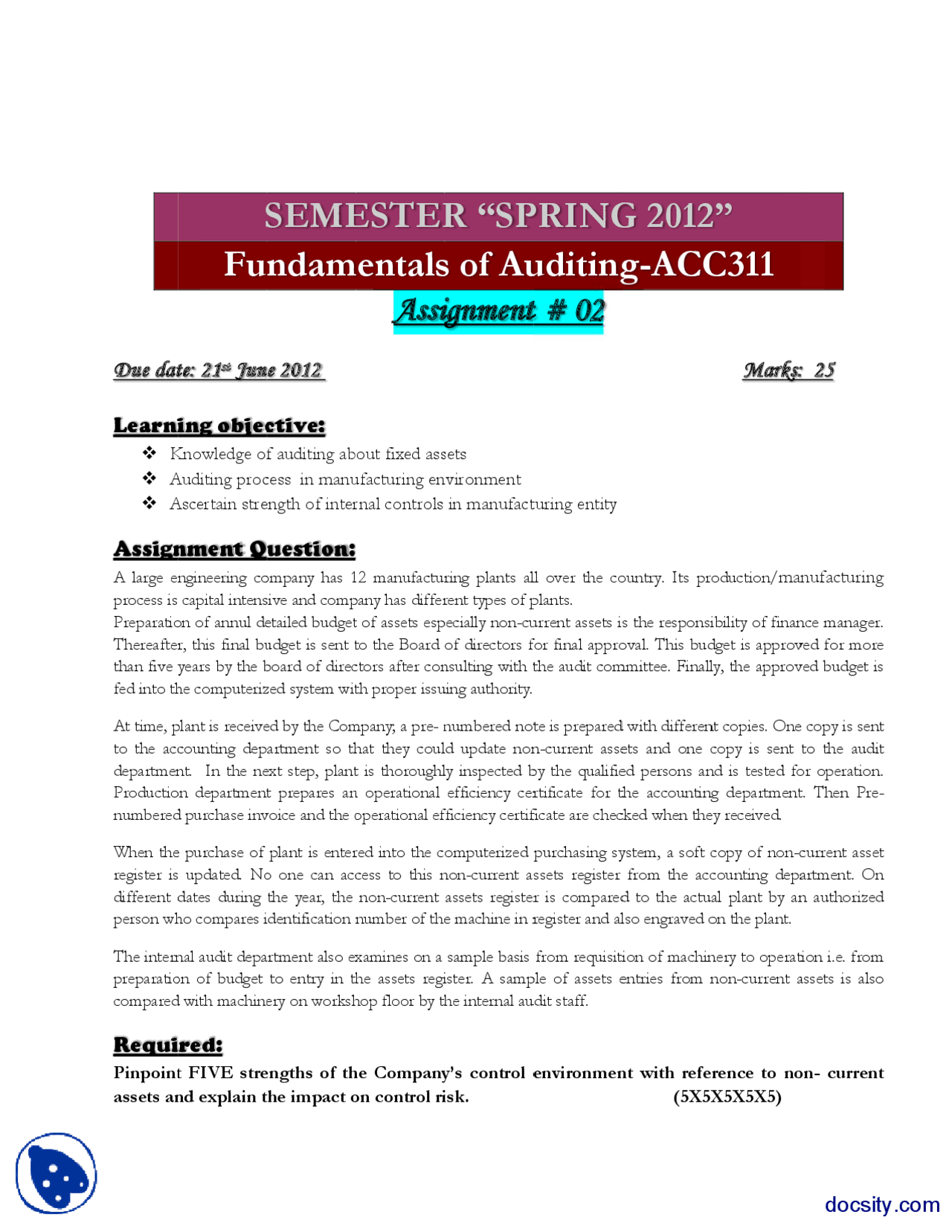 Fundamentals Of Auditing Assignment Questions Docsity