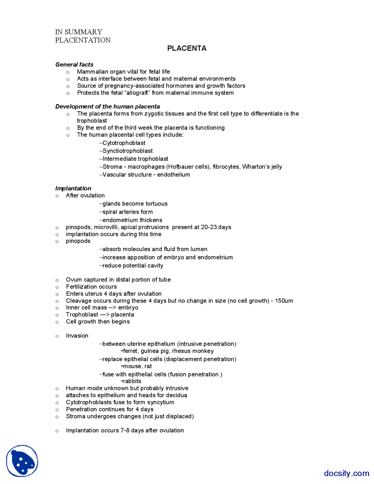 Placenta-Cancer Cytogenetic-Lecture Handout - Docsity
