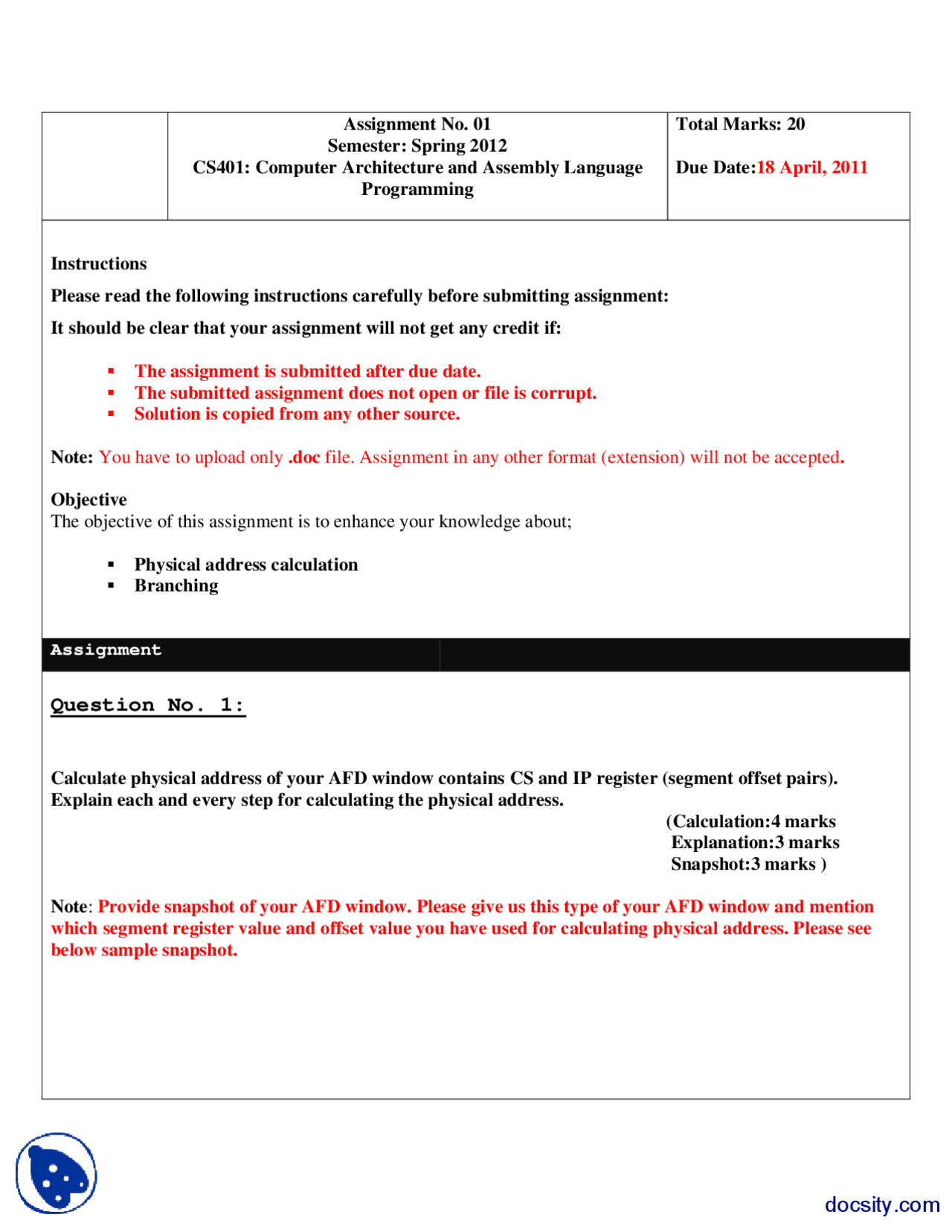 Physical Address Calculation Branching Computer Architecture And Assembly Language Assignment