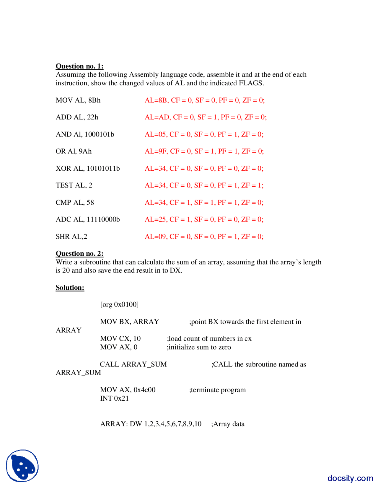 Sum of Array, Register Values After Program Execution-Computer Architecture and Assembly ...