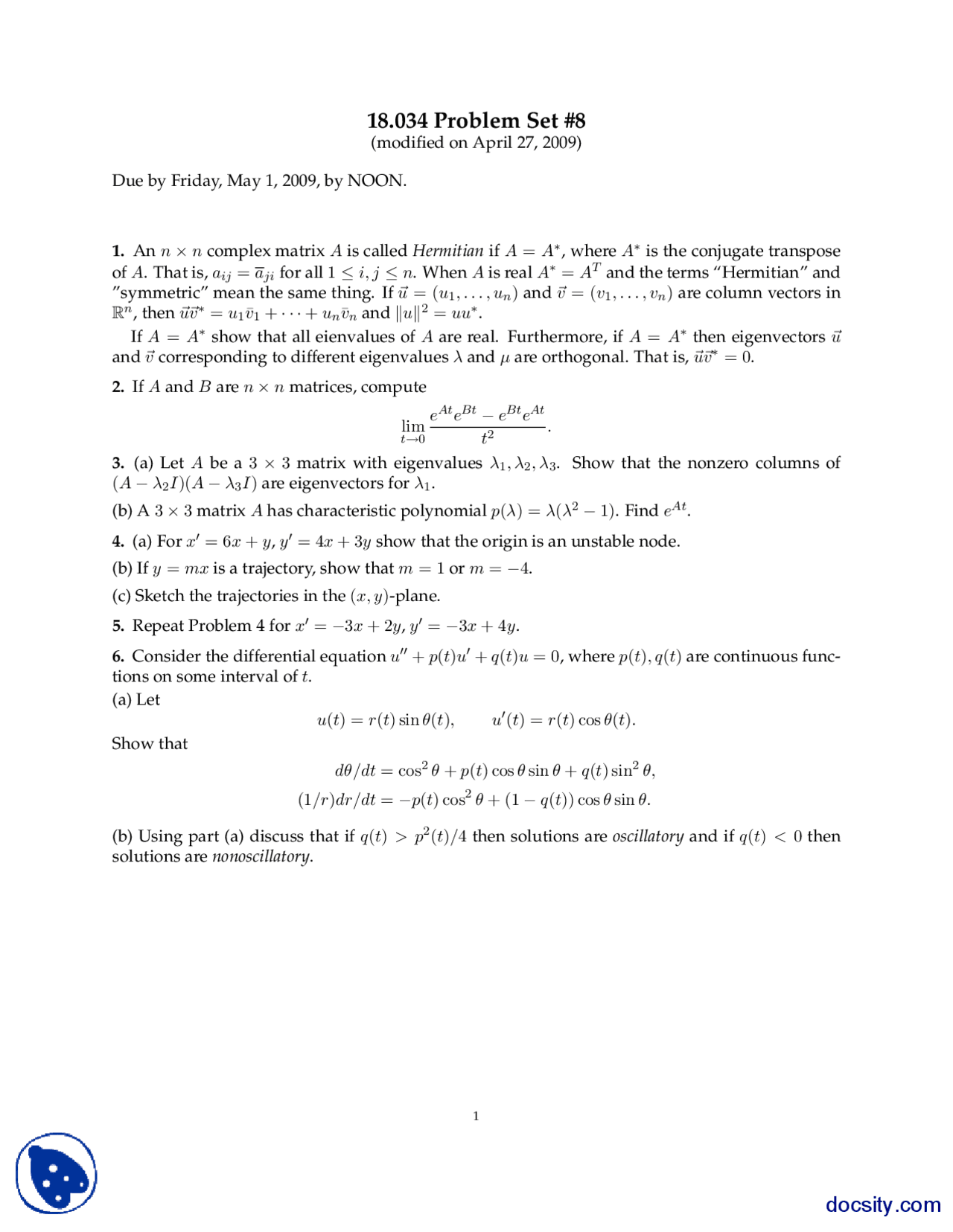 Hermitian-Differential Equations-Assignemnt and Solution - Docsity