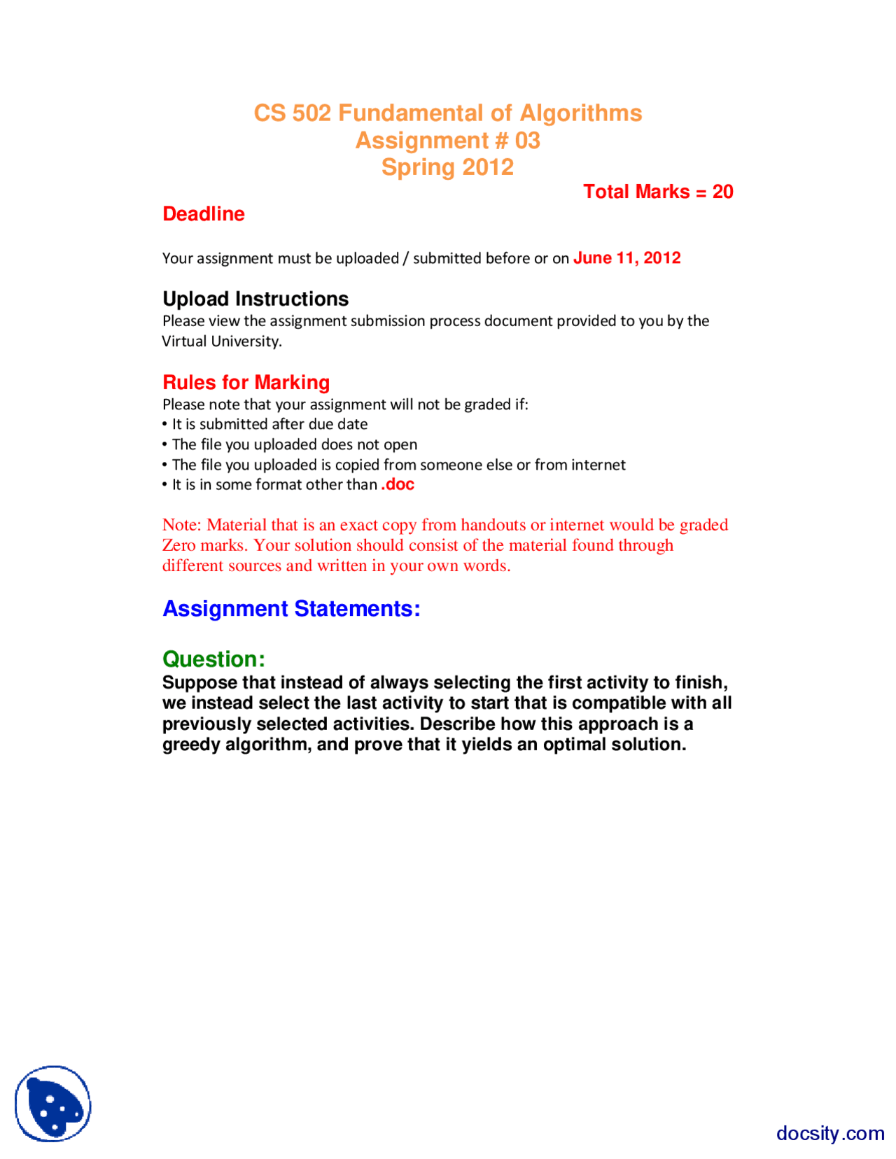 Greedy Algorithm Fundamentals Of Algorithms Assignment Docsity 0673