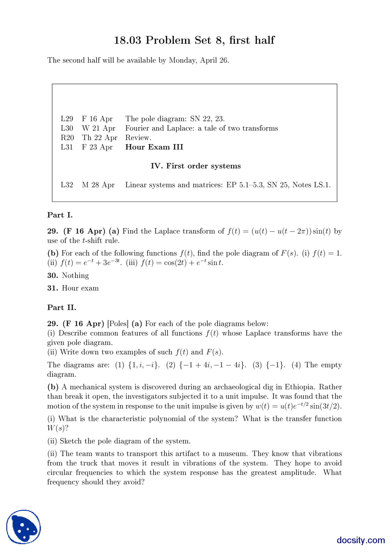 First Order Systems Part 1-Differential Equations-Assignemnt and Solution - Docsity