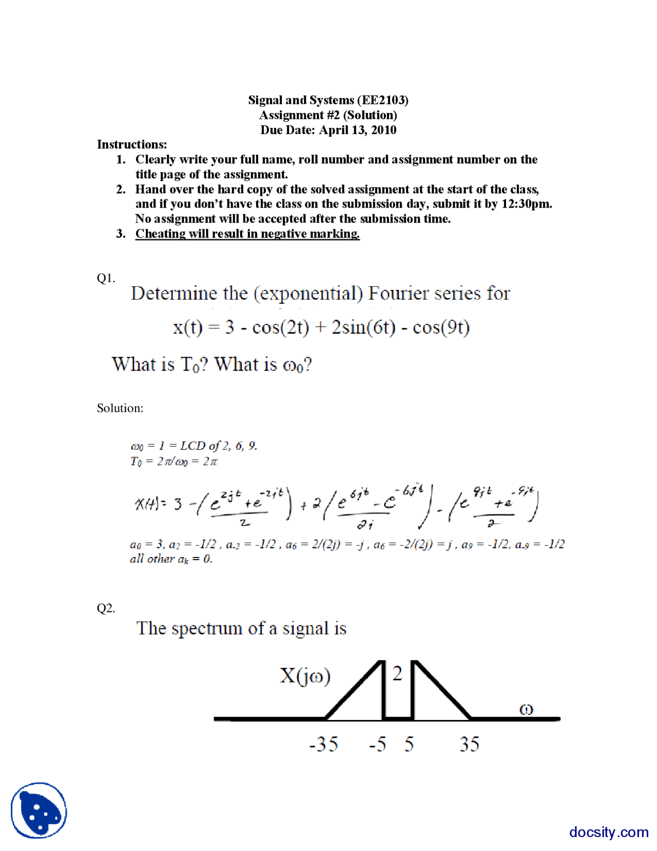 Fourier Series Signals And Systems Solved Assignment Docsity