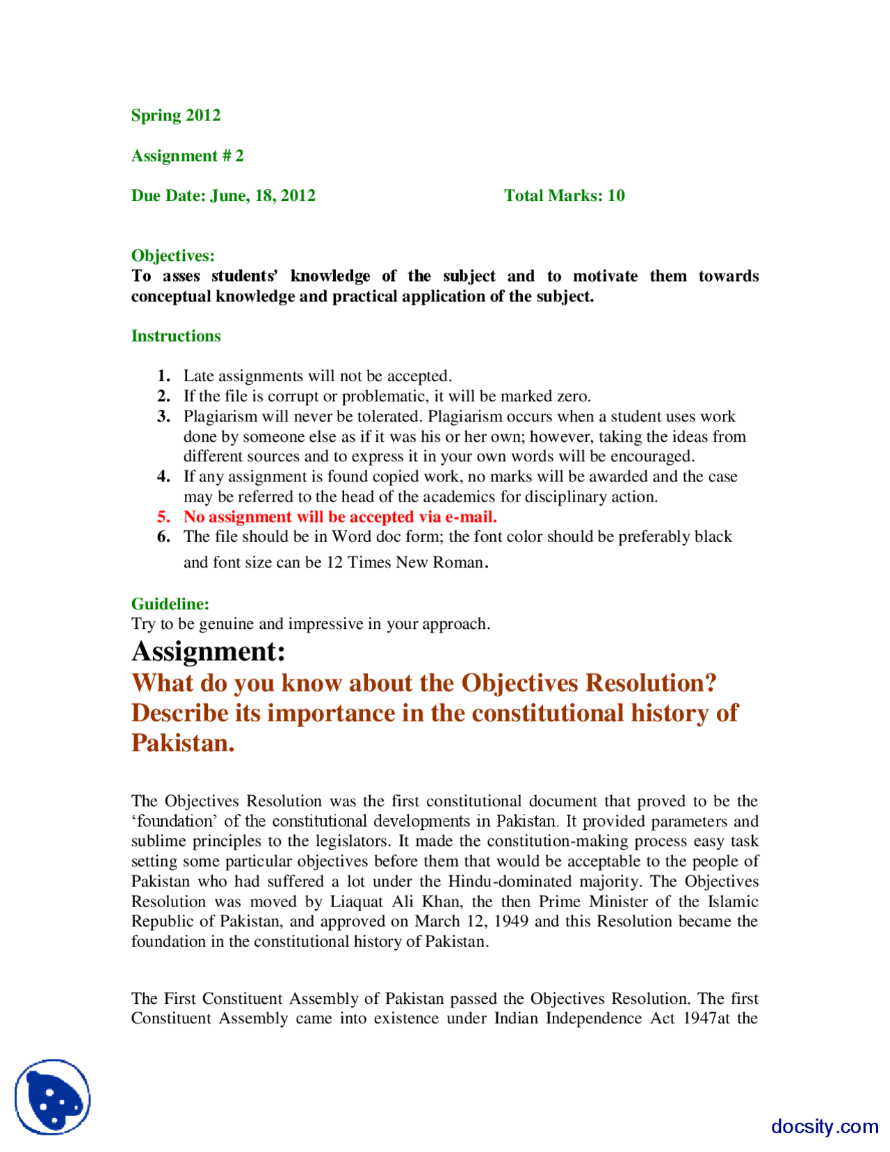 Objectives Resolution-Islamic Studies-Assignment Solution - Docsity