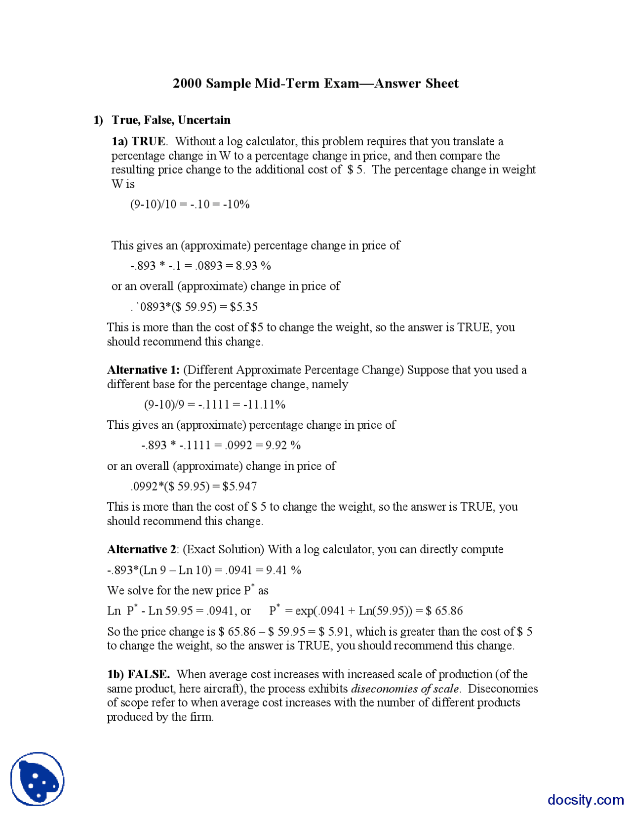 Mid Term Exam Sample Part 2-Marketing-Exam Paper Solution - Docsity