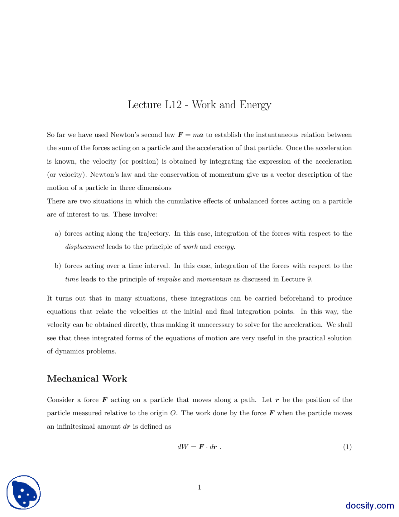 Work and Energy-Classical Mechanics-Lecture Handout - Docsity