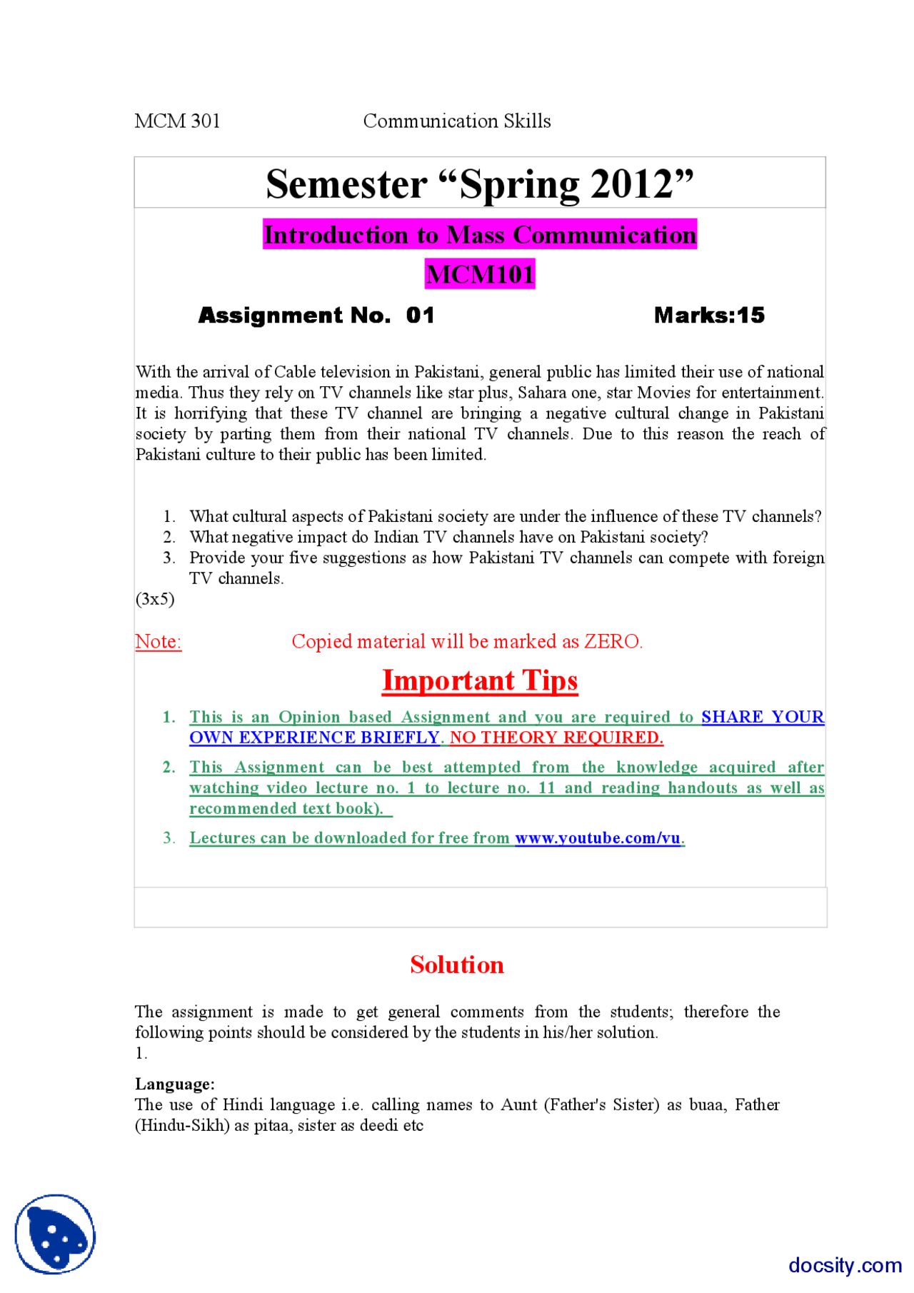 Cable Television in Pakistan Part 1-Mass Communication-Assignment Solution - Docsity