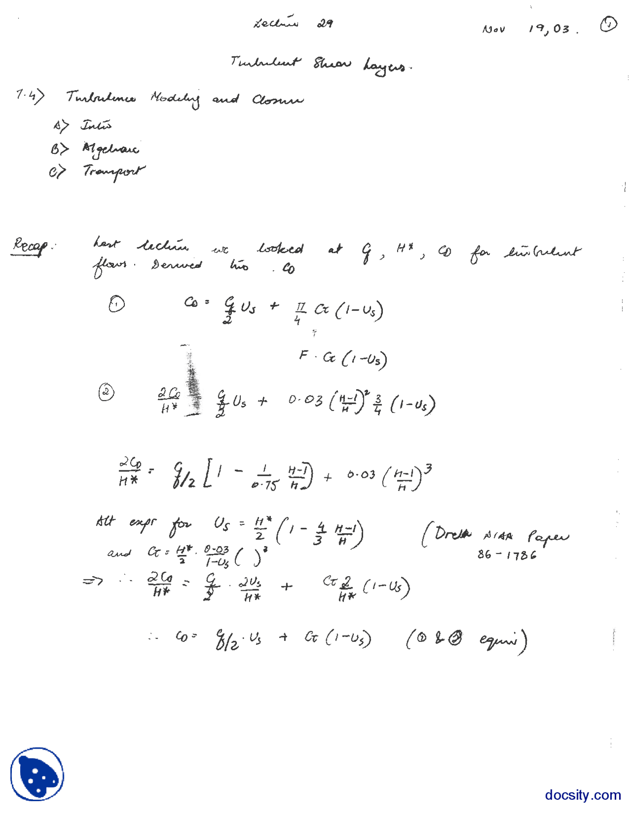 Sheer Layers Part 3 Basic Fluids Dynamics Lecture Handout Docsity