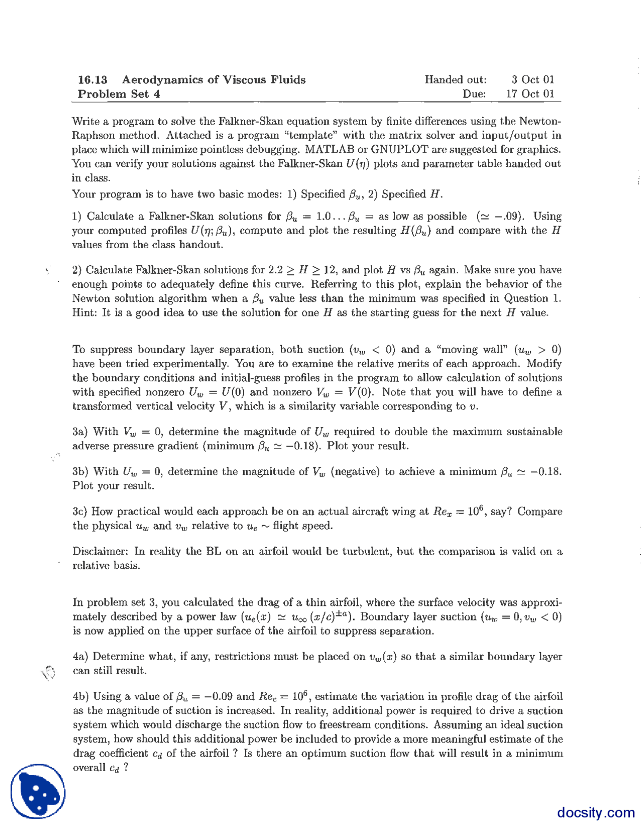 Flakner Skan Equation Fluids Dynamics Assignment Docsity