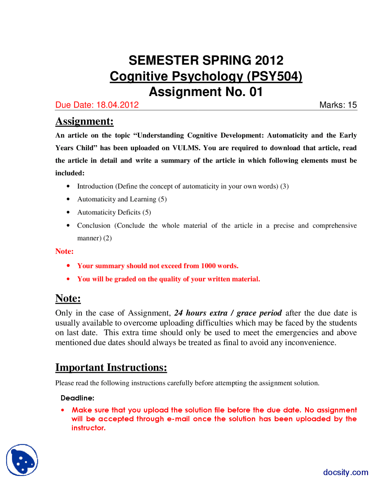 Understanding Cognitive Development Part 1 Psychology Assignment Docsity