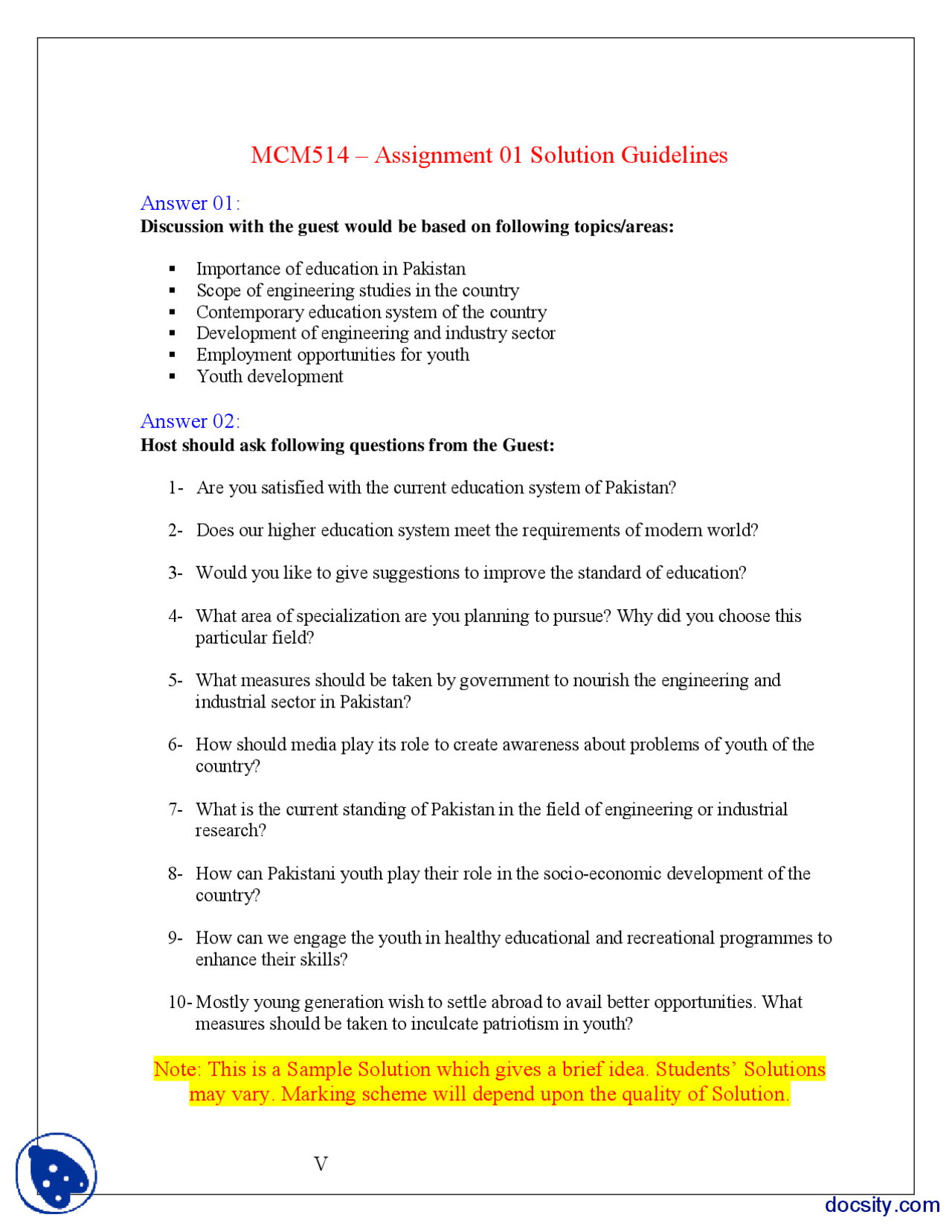 Achievements of Pakistani Youth Part 1-Mass Communication-Assignment Solution - Docsity