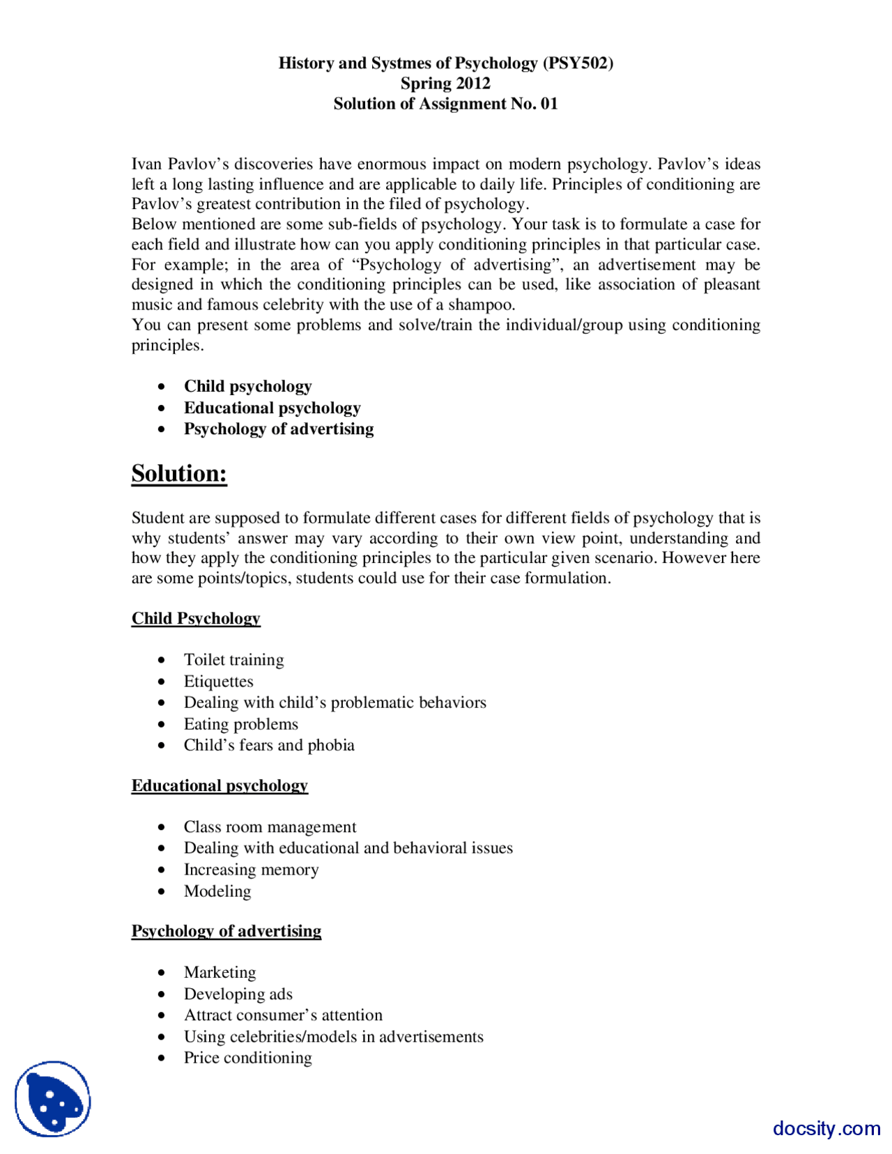 Ivan Pavlovs Discoveries Part 1 Psychology Assignment Solution Docsity