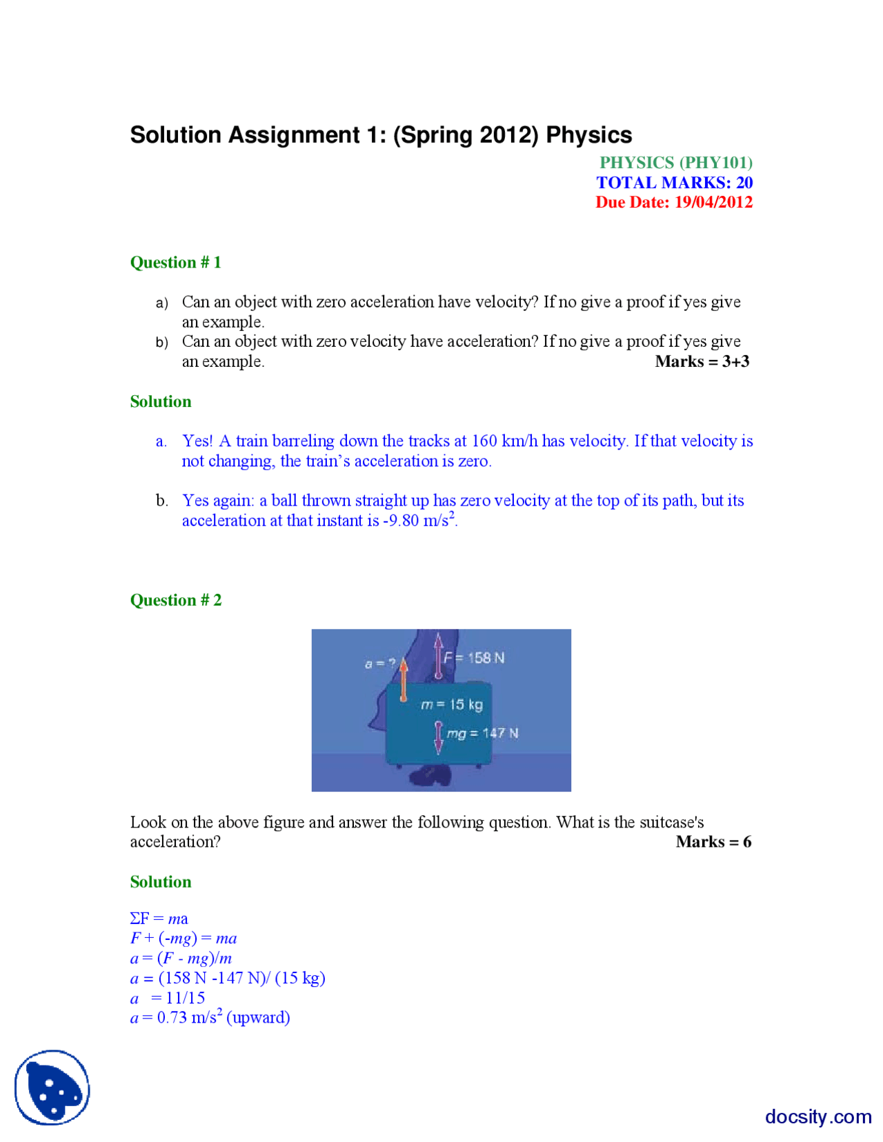 Zero Accleration Physics Assignment Solution Docsity