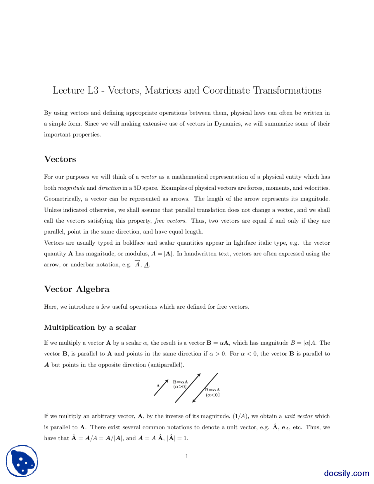 Vectors, Matrices and Coordinate Transformations-Classical Mechanics-Lecture Handout | Exercises ...