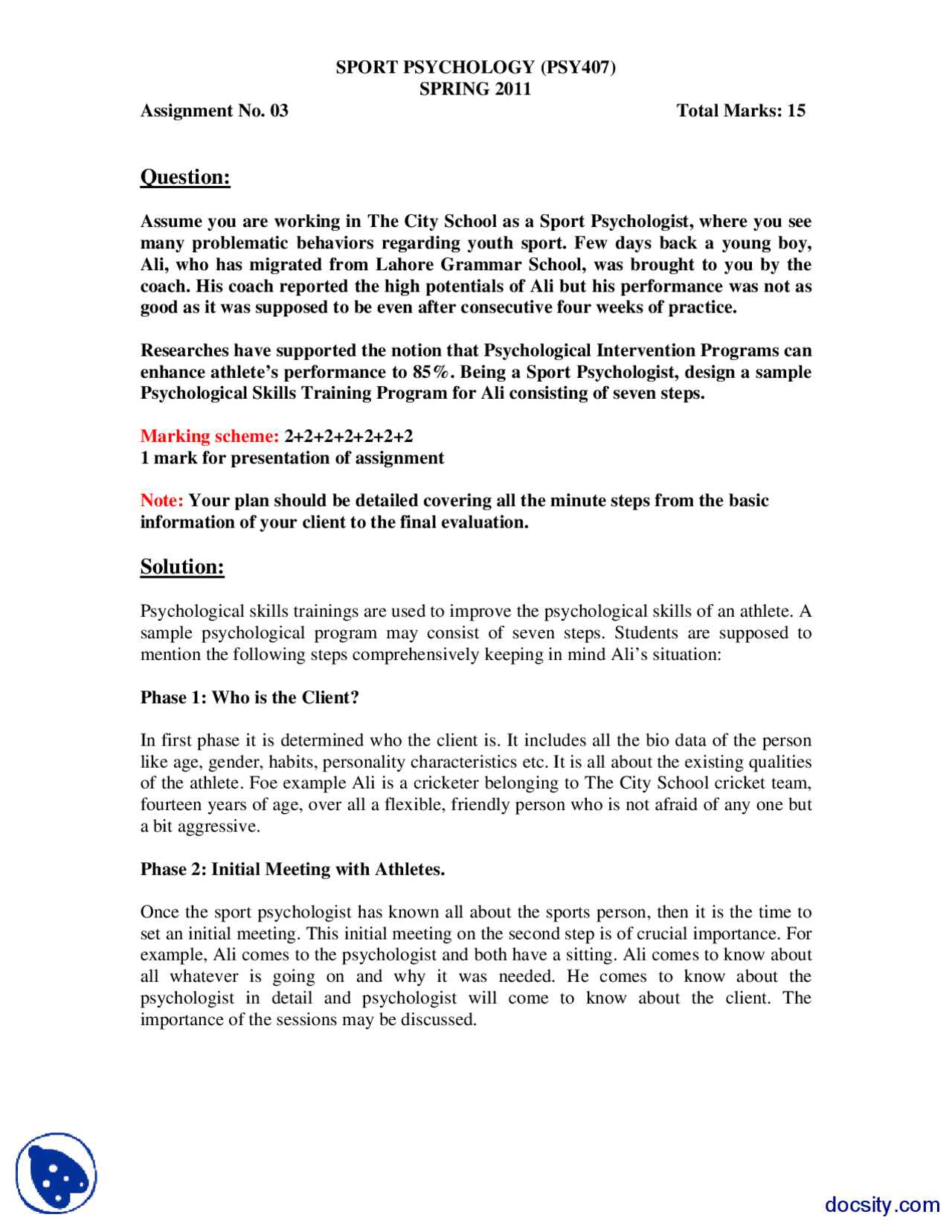 Goal Setting in Sports Part 3-Psychology-Assignment Solution - Docsity