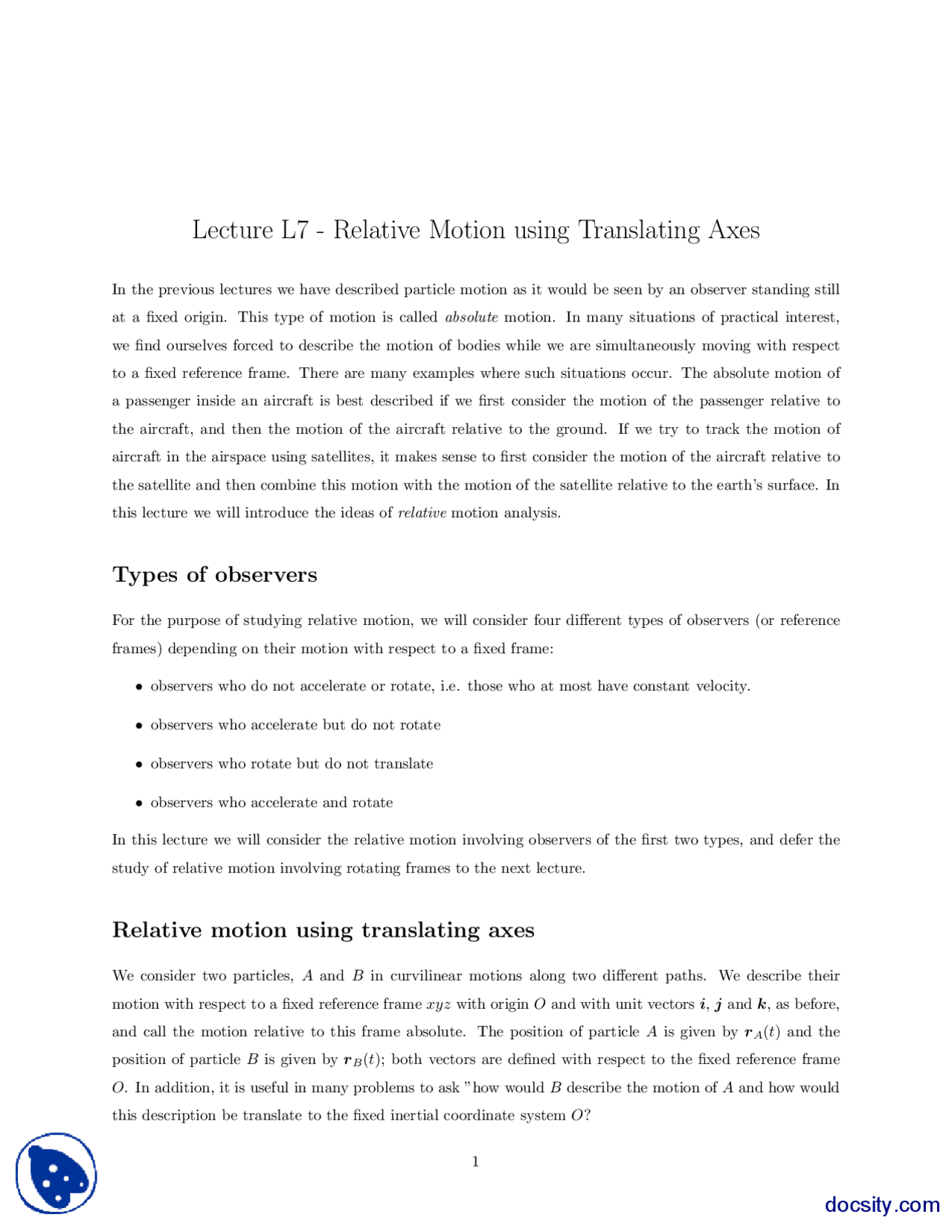 Relative Motion using Translating Axes-Classical Mechanics-Lecture Handout - Docsity