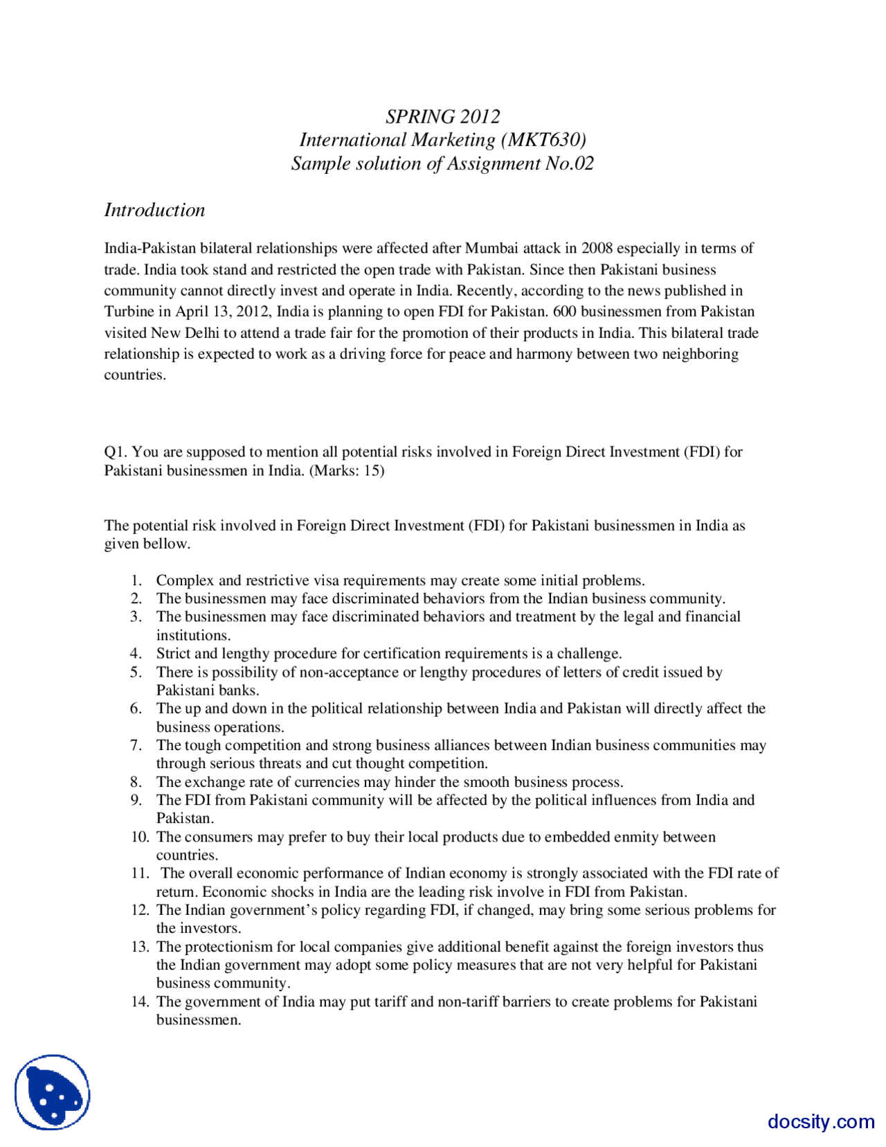 Potential Risks-Marketing Techniques-Assignment Solution - Docsity