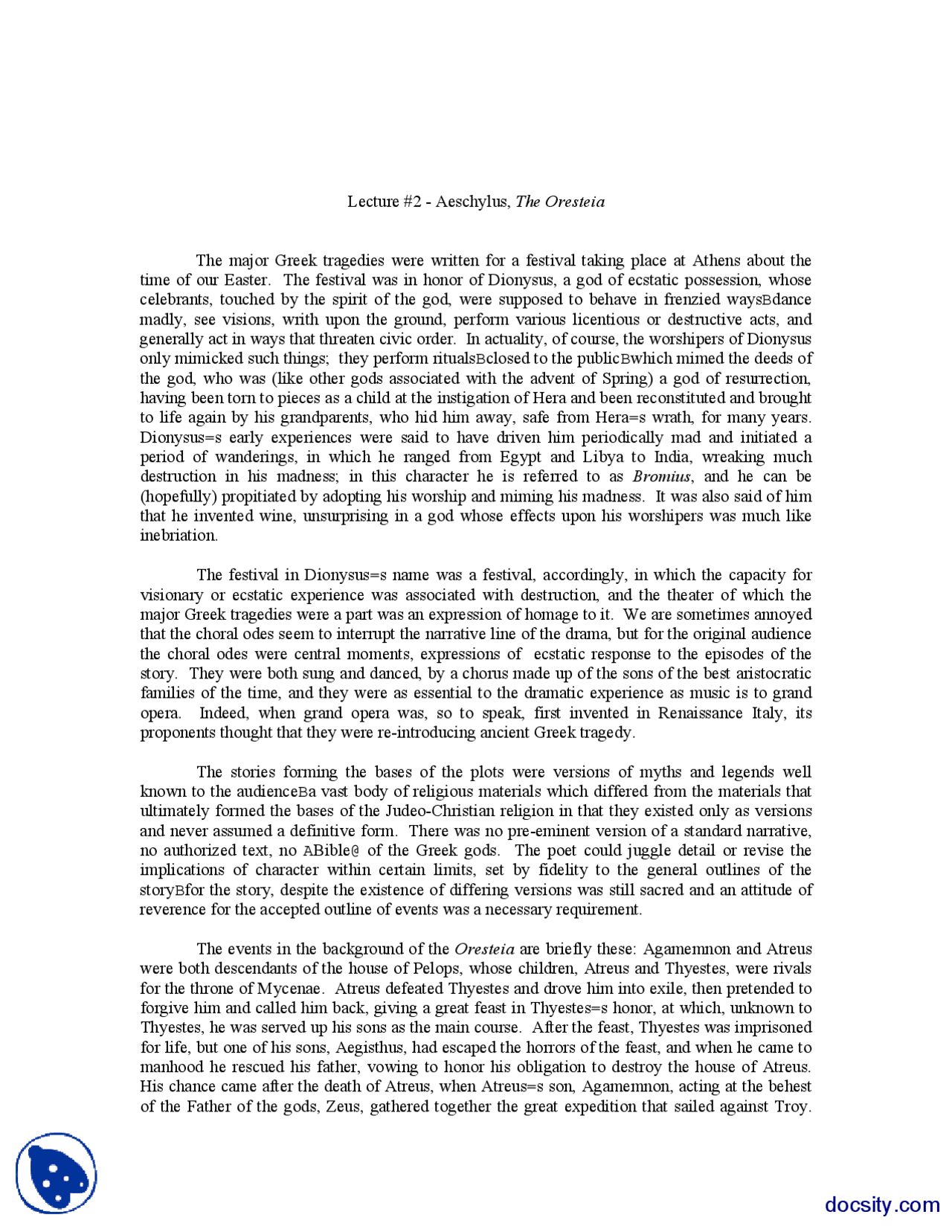 Aeschylus The Oresteia Human Behaviour Lecture Handout Docsity
