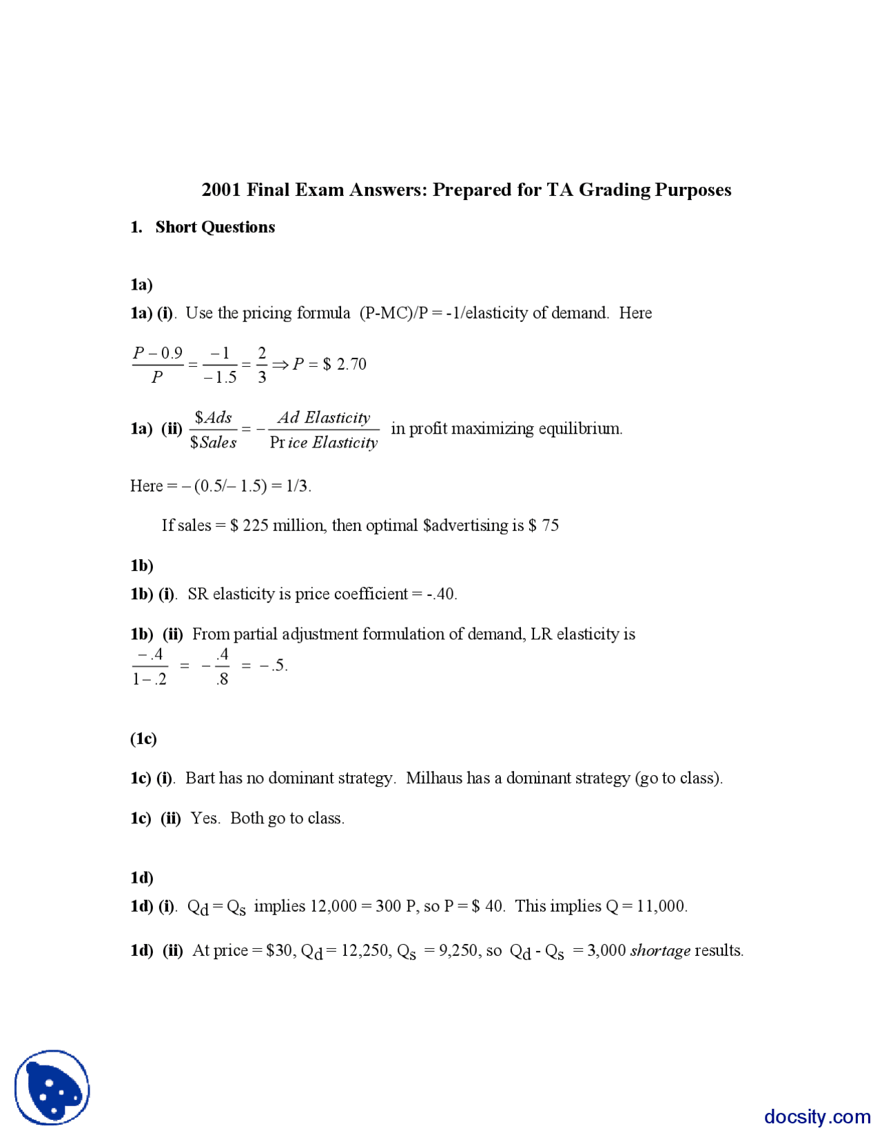 Final Exam Sample Part 3 Marketing Exam Paper Solution Docsity