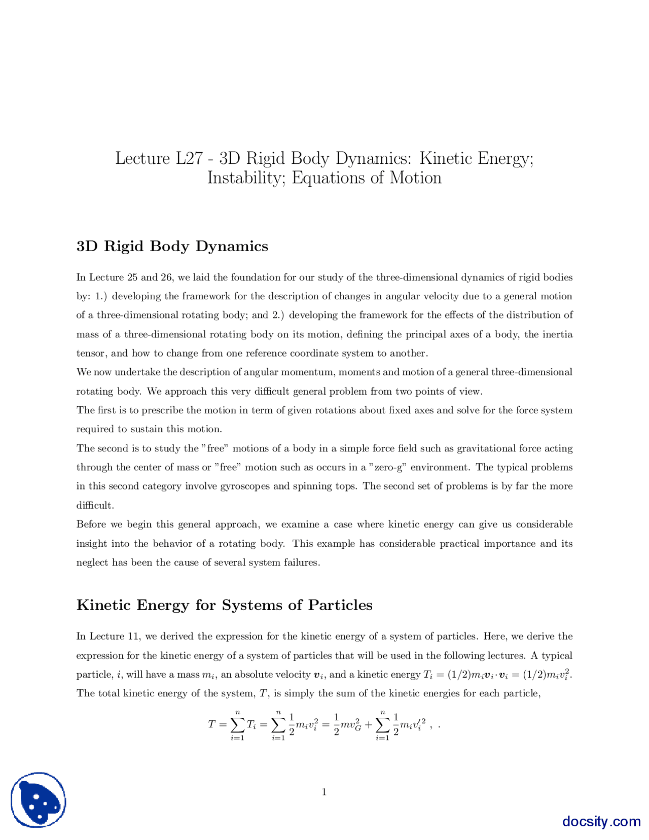 3D Rigid Body, Kinetic Energy;-Classical Mechanics-Lecture Handout - Docsity