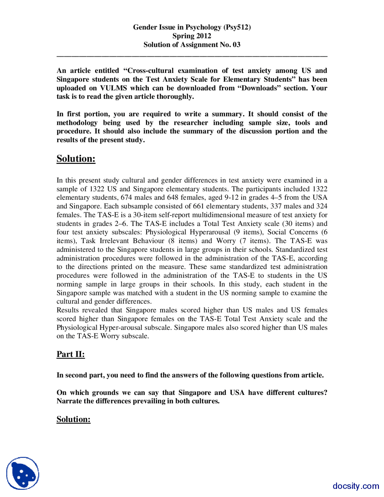 Resarch Methods Part 3 Psychology Assignment Solution Docsity