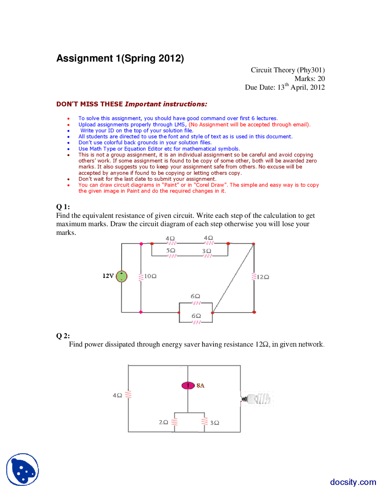 Equivalent Resistance Part 1 Physics Assignment Docsity