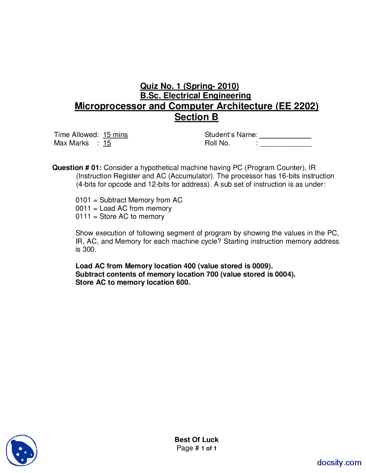 Memory Assembly Language Microprocessors And Computer Architecture Quiz Docsity