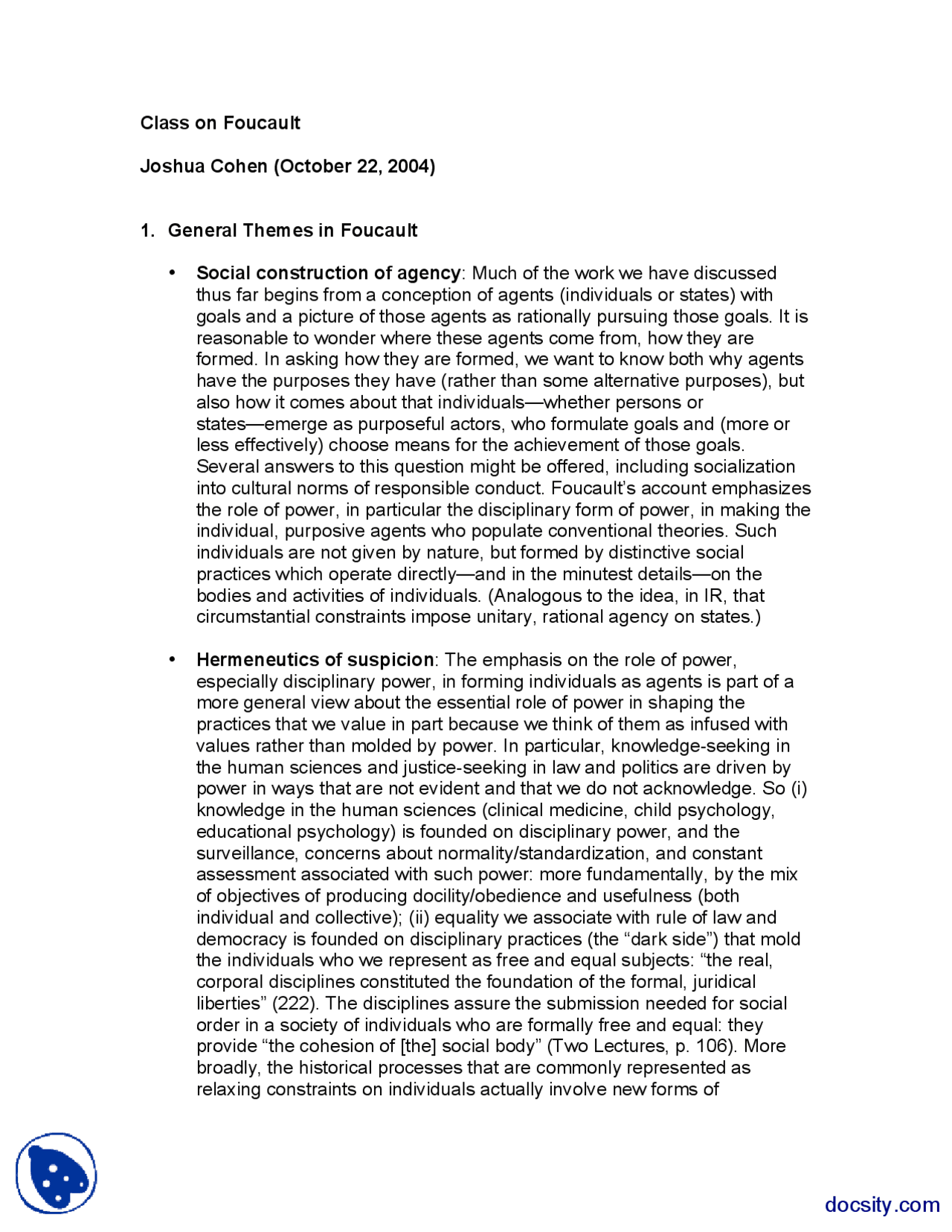 Foucault Justice Reading Assignments Lecture Notes Criminal Justice