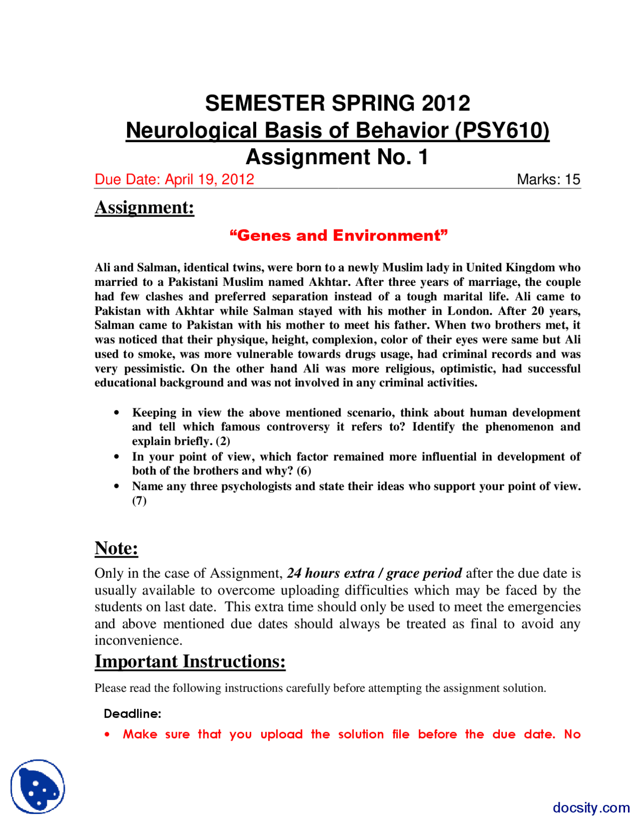 Genes And Environment Part 1 Psychology Assignment Docsity