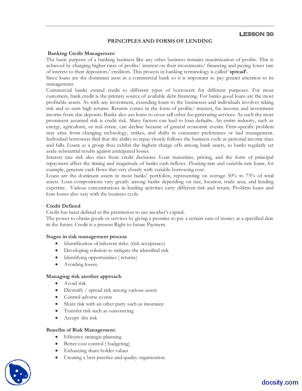 Lesson 30 Principles And Forms Of Lending -Banking and Finance-Handout ...