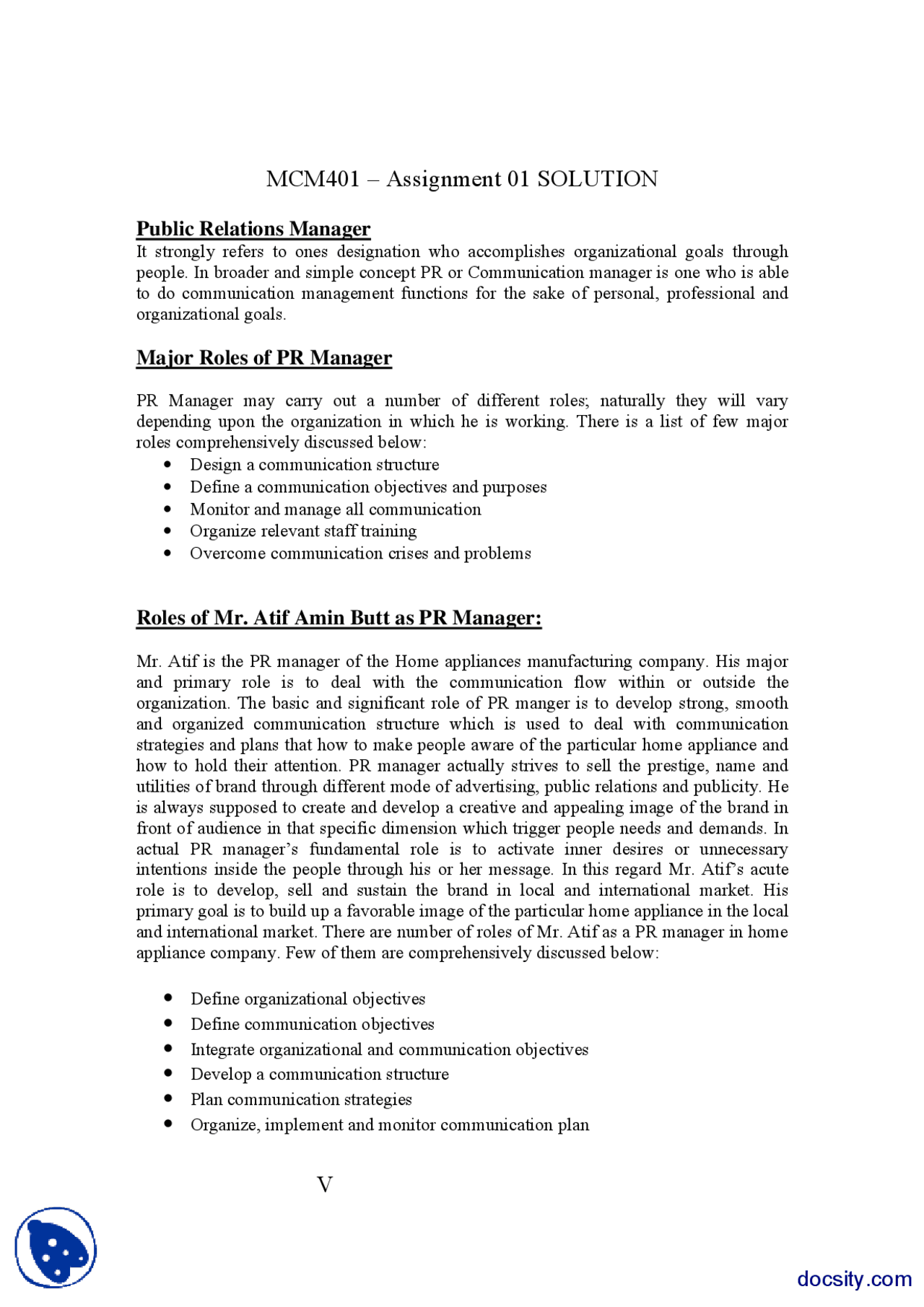 Public Relations Manager Part 1 Mass Communication Assignment Solution