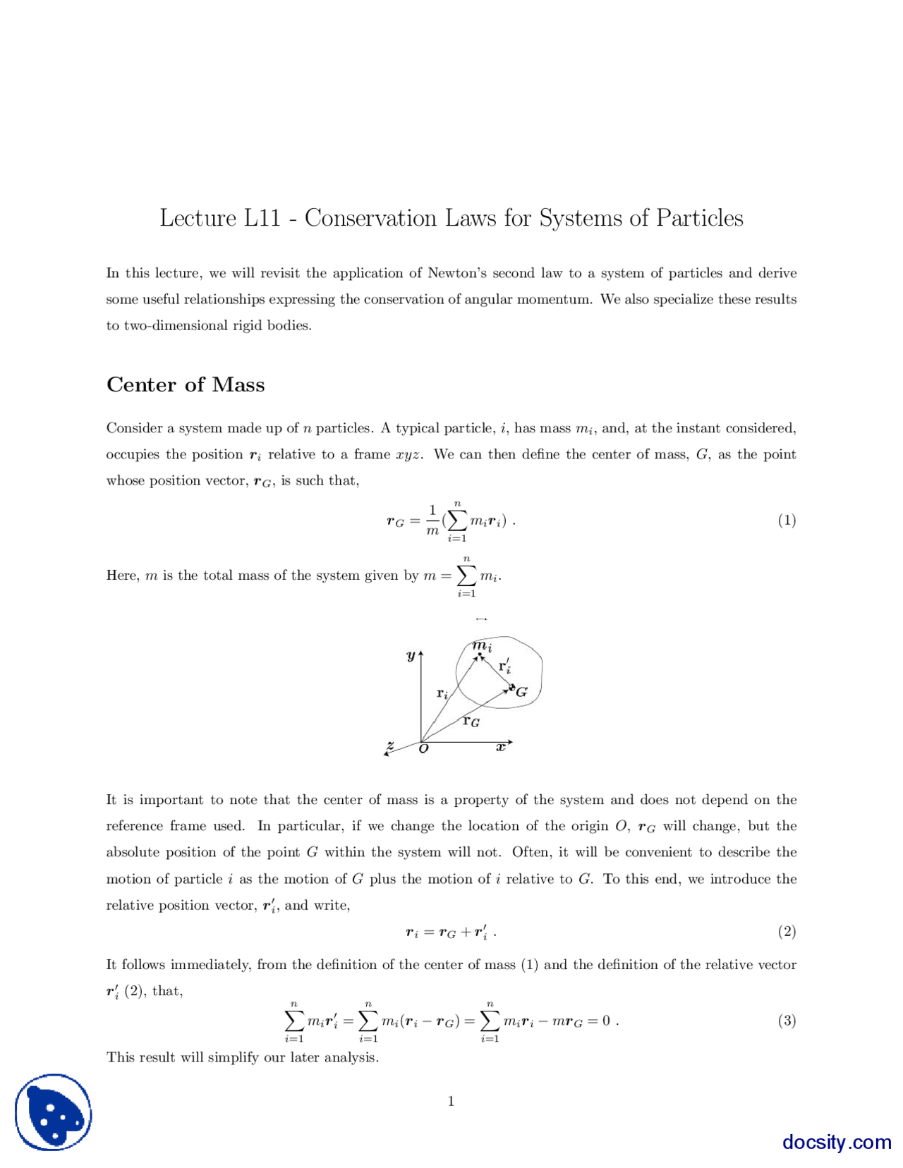 Conservation Laws for Systems of Particles-Classical Mechanics-Lecture Handout - Docsity