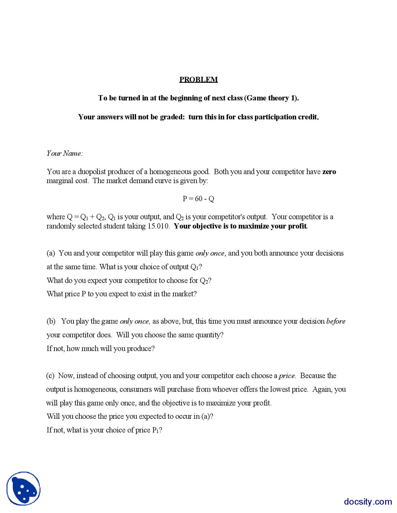 Game Theory Marketing Assignment Docsity
