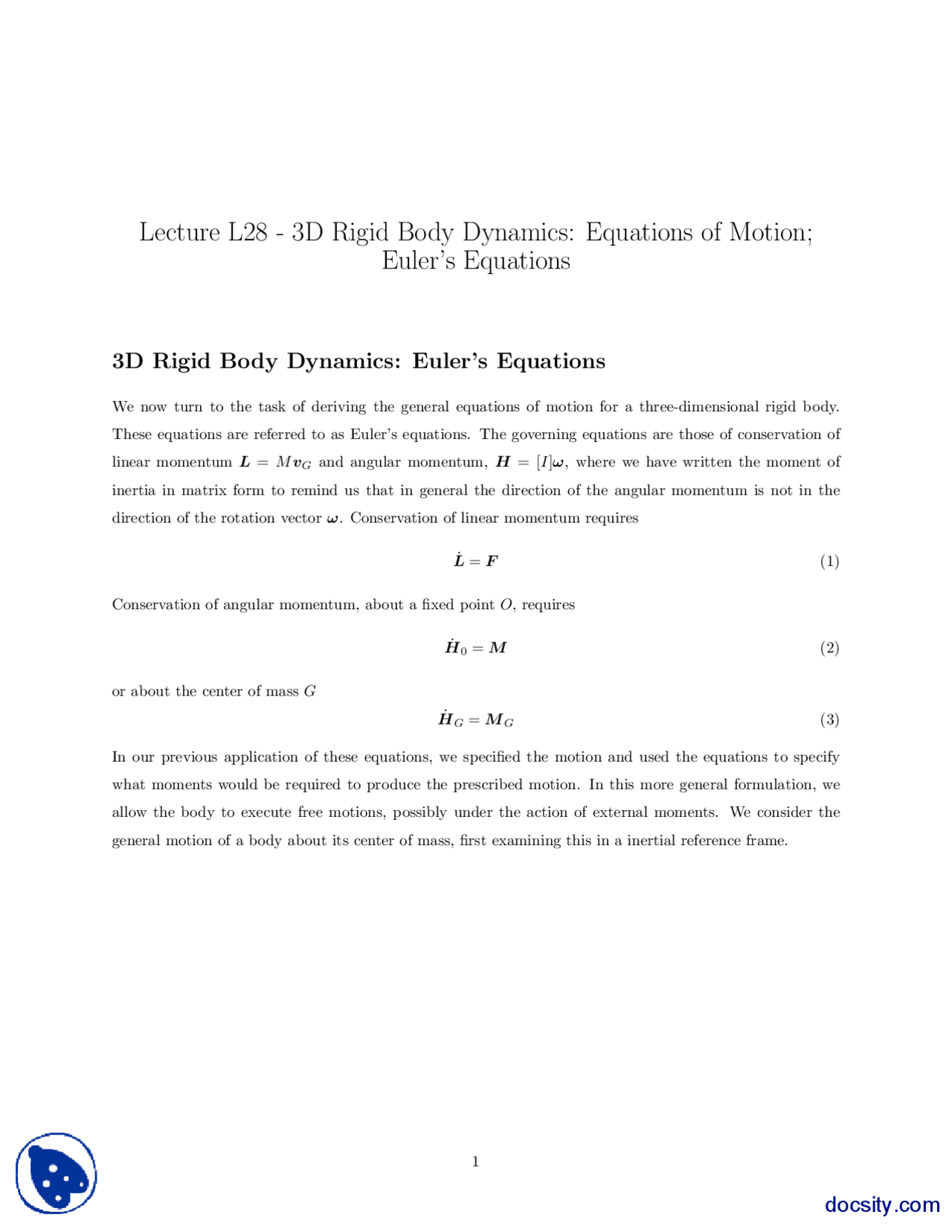 3D Rigid Body Dynamics, Equations of Motion-Classical Mechanics-Lecture ...