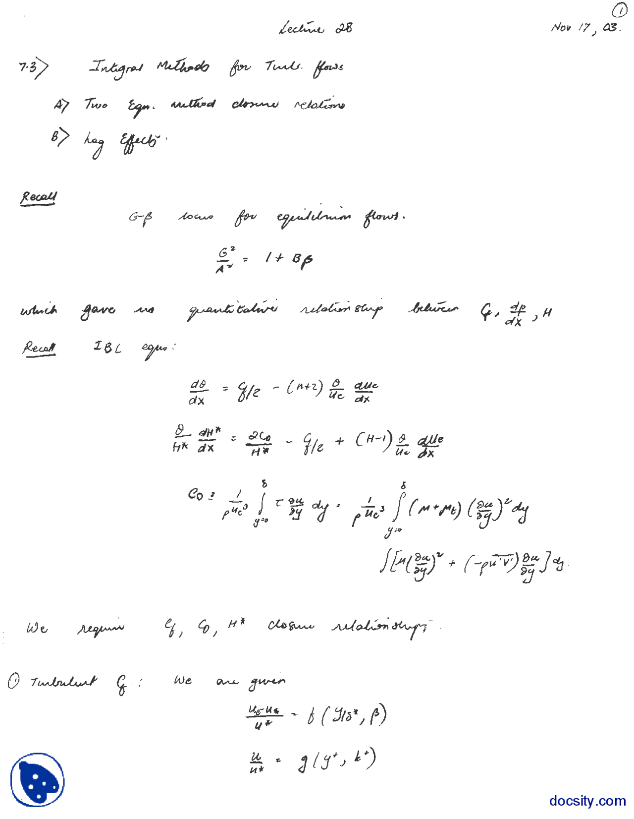 Integral Methods Part 4 Basic Fluids Dynamics Lecture Handout Docsity
