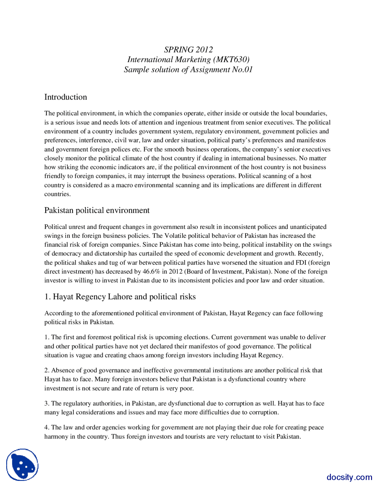 Pakistani Political Environment-Marketing-Assignment Solution | Exercises Marketing | Docsity