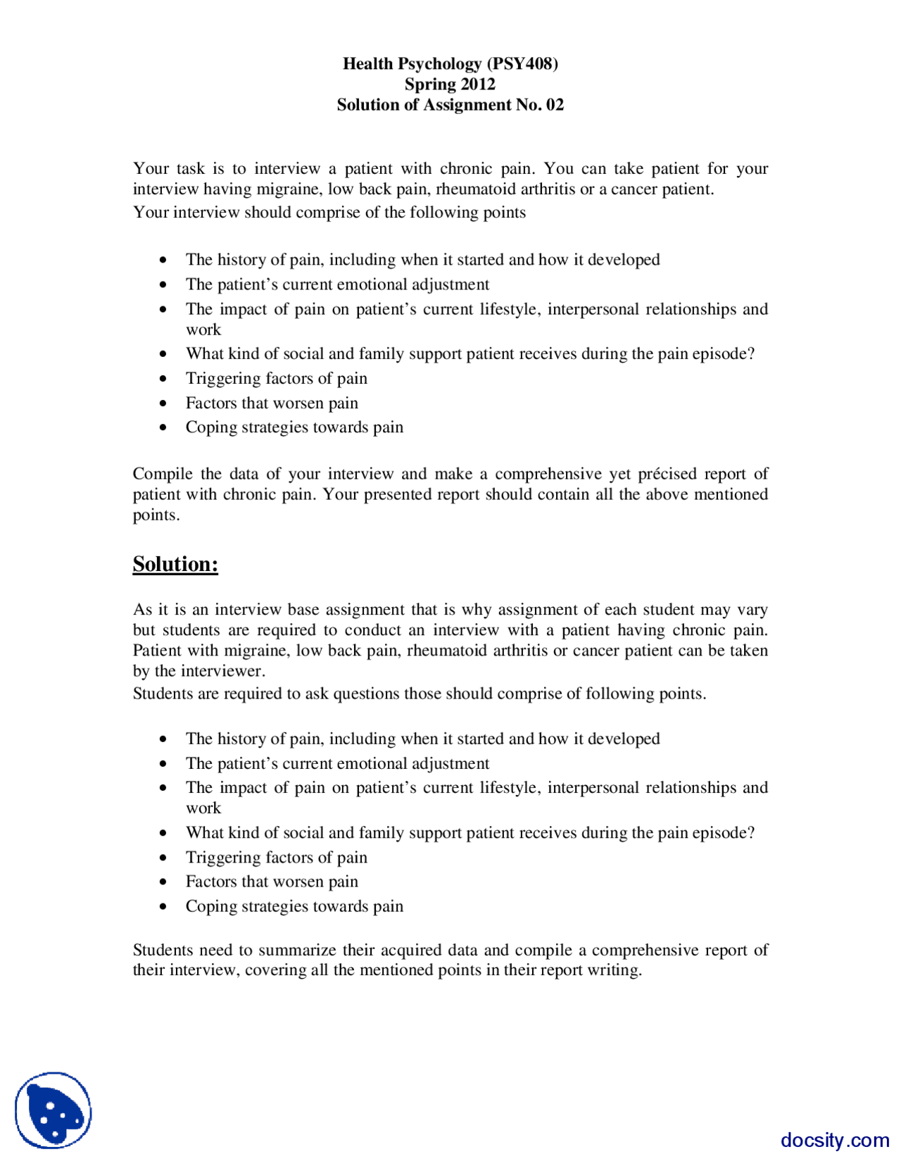 Health Related Behaviors Part 2 Psychology Assignment Solution Docsity