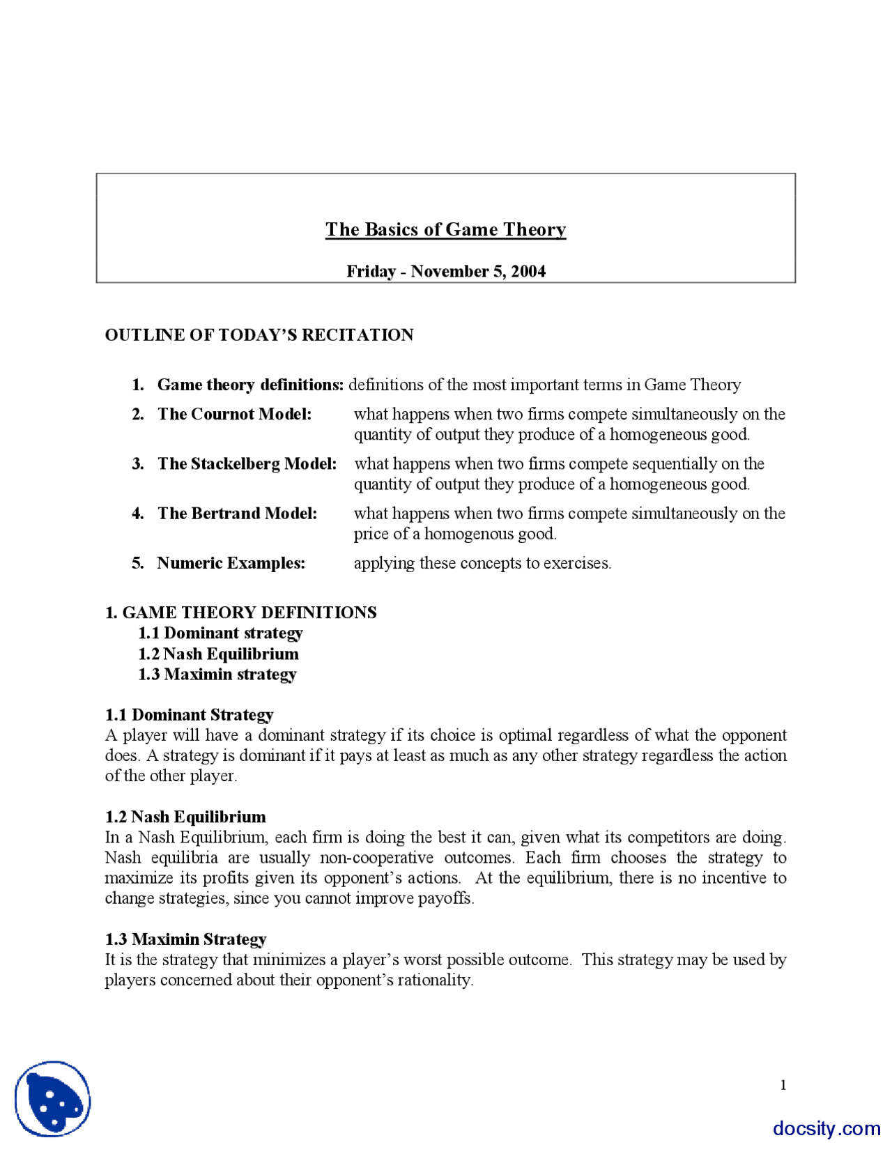 The Basics Of Game Theory Marketing Lecture Handout Docsity