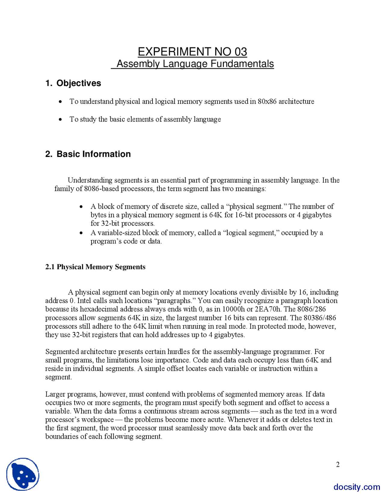 Assembly Language Fundamentals Experiment 3 Docsity