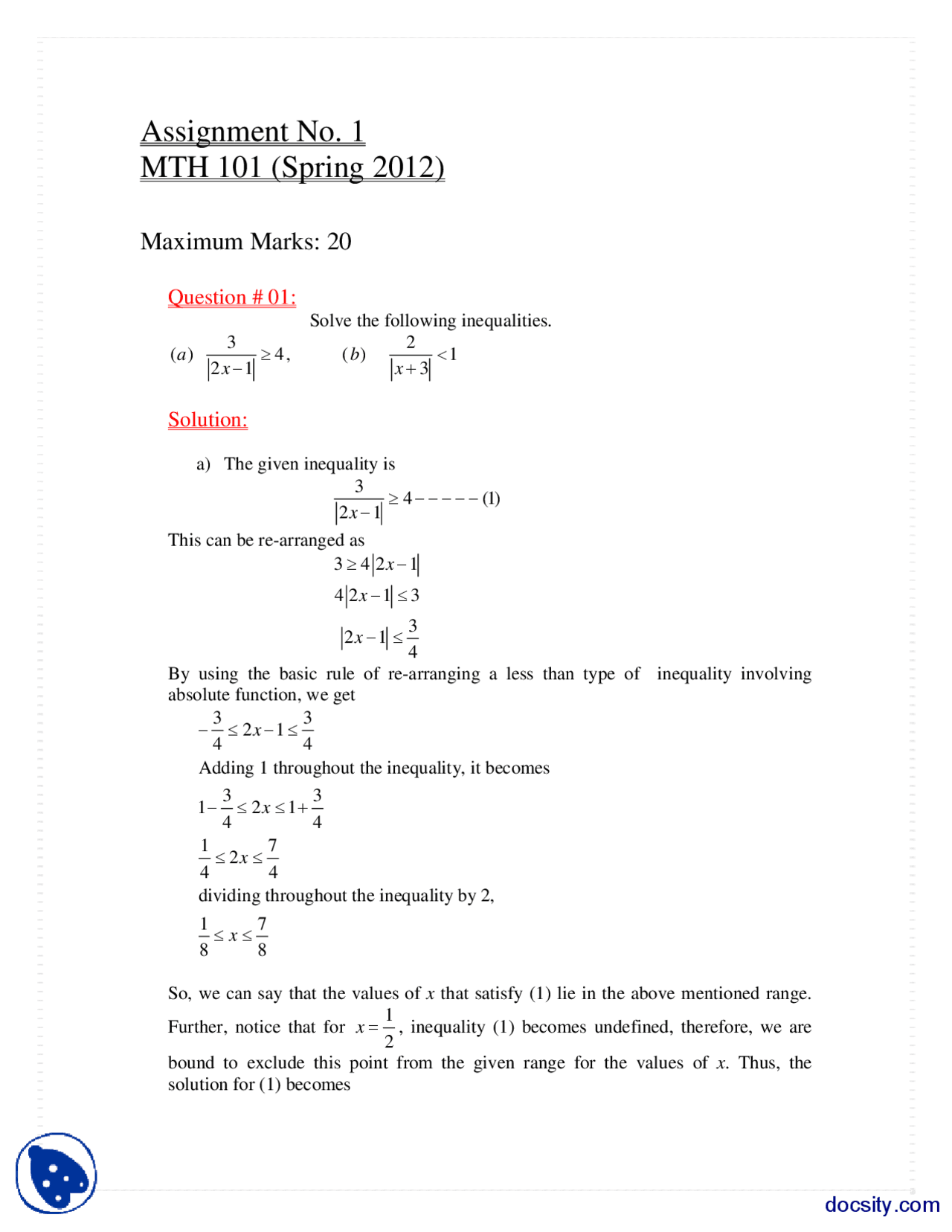 Inequalities Part 1 Basic Mathematics Assignment Solution Docsity