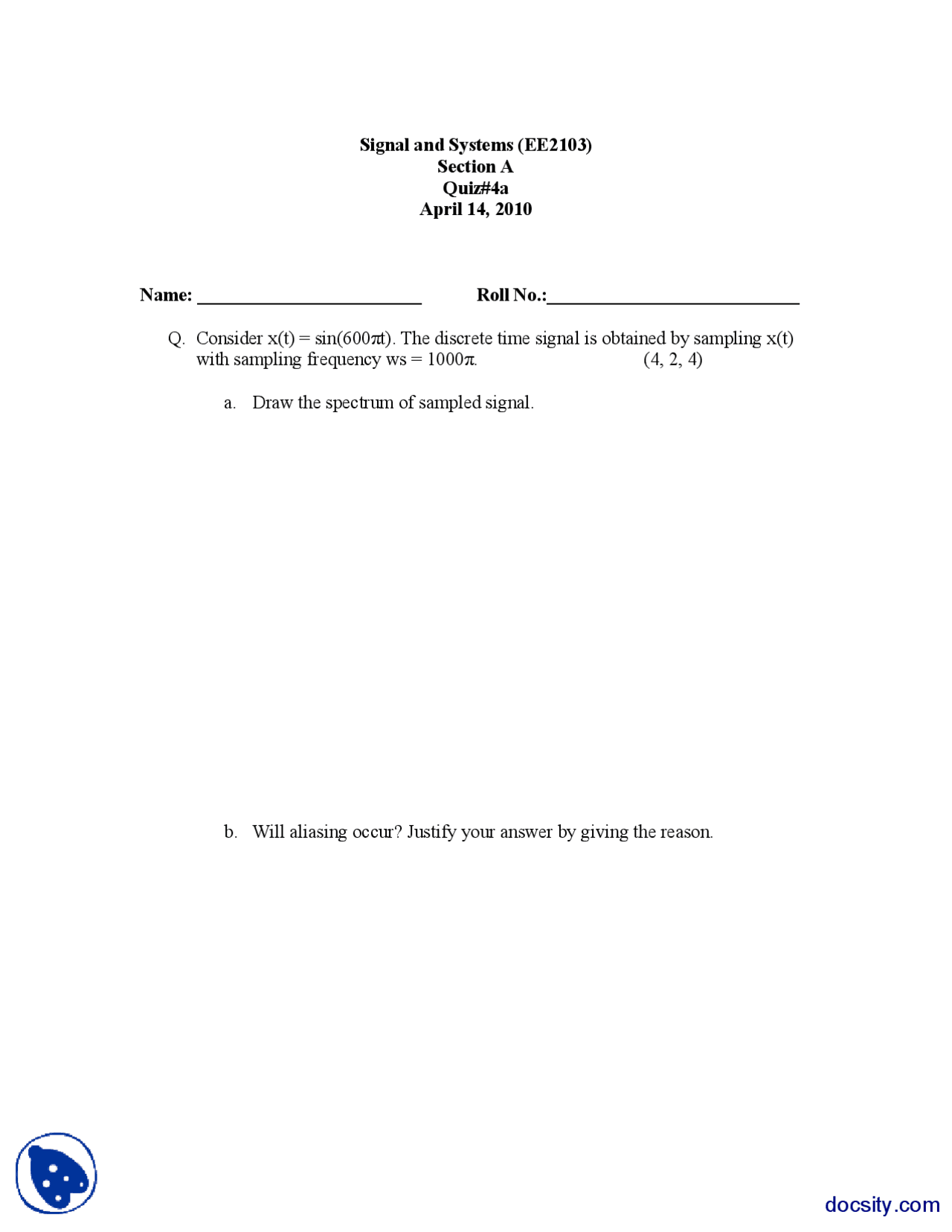 Sampling And Signals Signals And Systems Quiz Docsity