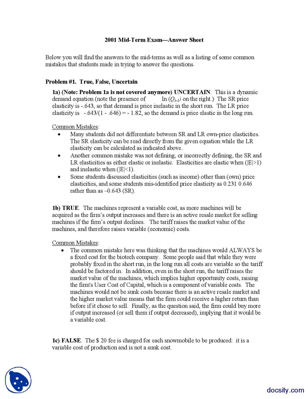 Mid Term Exam Sample Part 3 Marketing Exam Paper Solution Docsity