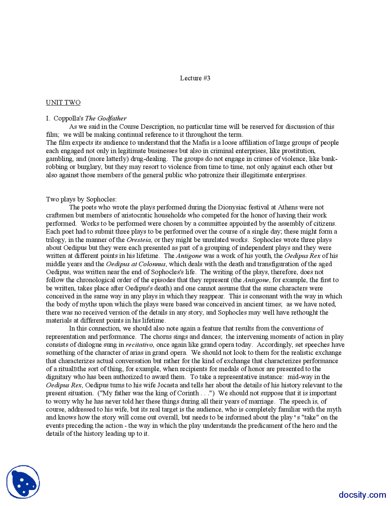 Coppollas The Godfather Human Behaviour Lecture Handout Docsity