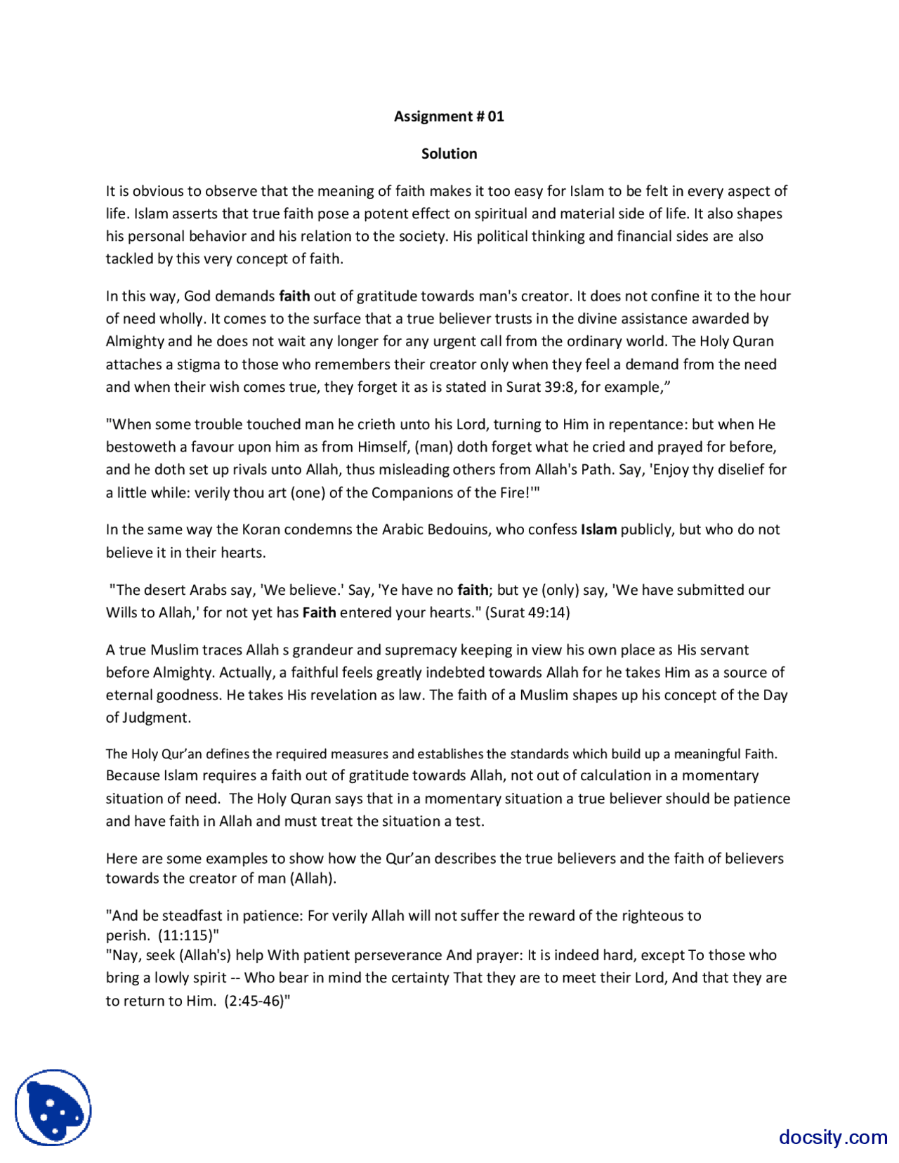 Faith-Islamic Studies-Assignment Solution - Docsity