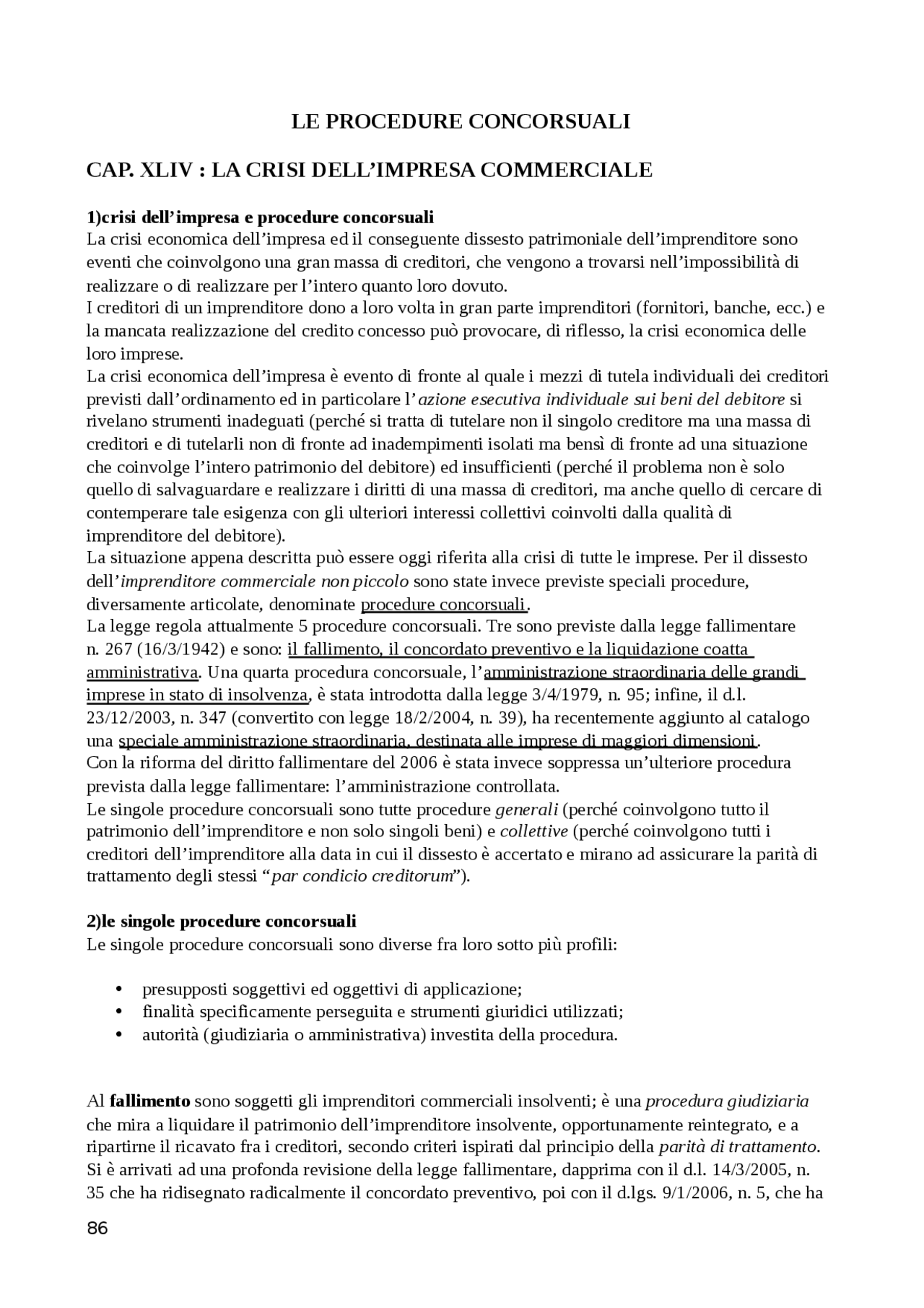 Appunti Di Diritto Commerciale Le Procedure Concorsuali Docsity