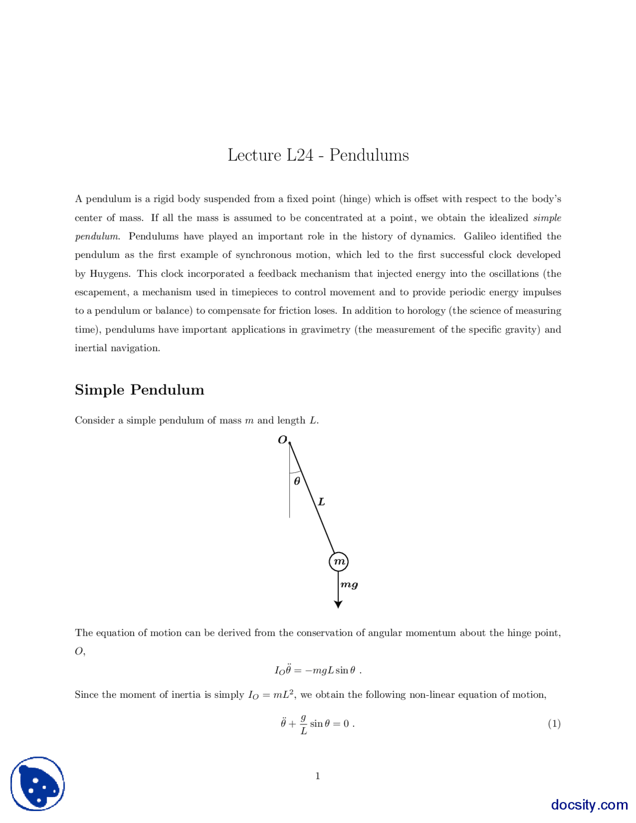 Pendulums-Classical Mechanics-Lecture Handout - Docsity